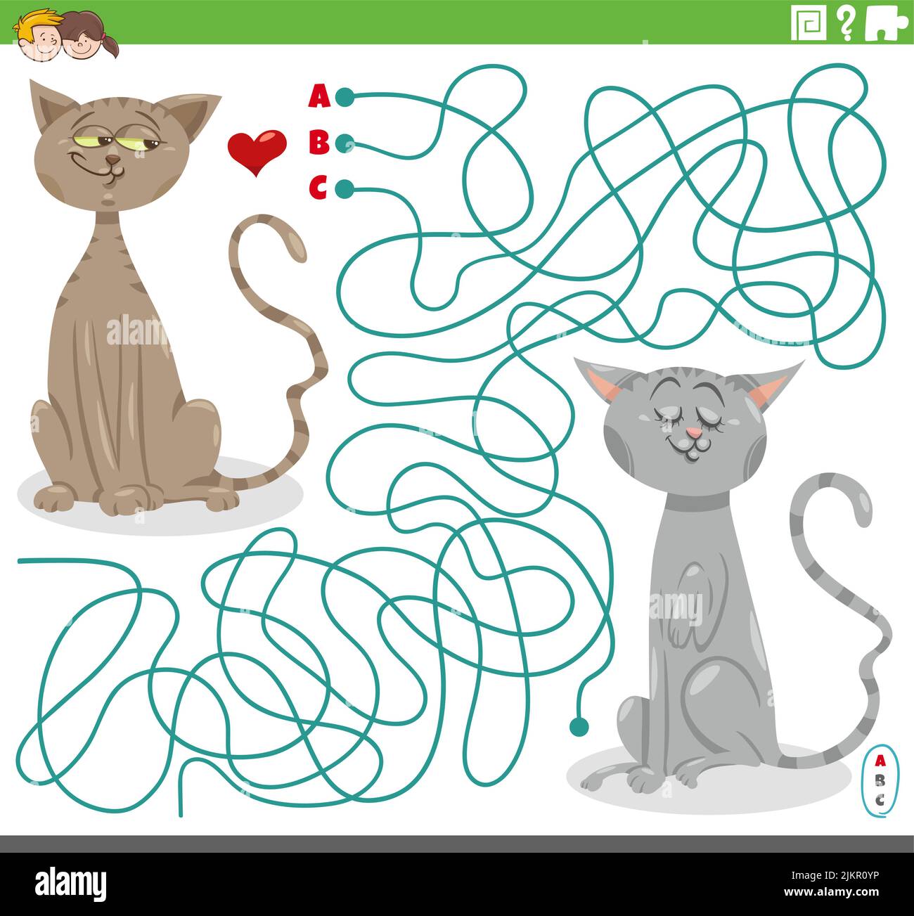 Cartoon illustration of lines maze puzzle game with comic cat in love ...