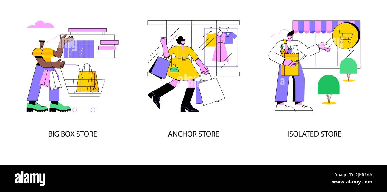 Retail shop abstract concept vector illustration set. Big box ...