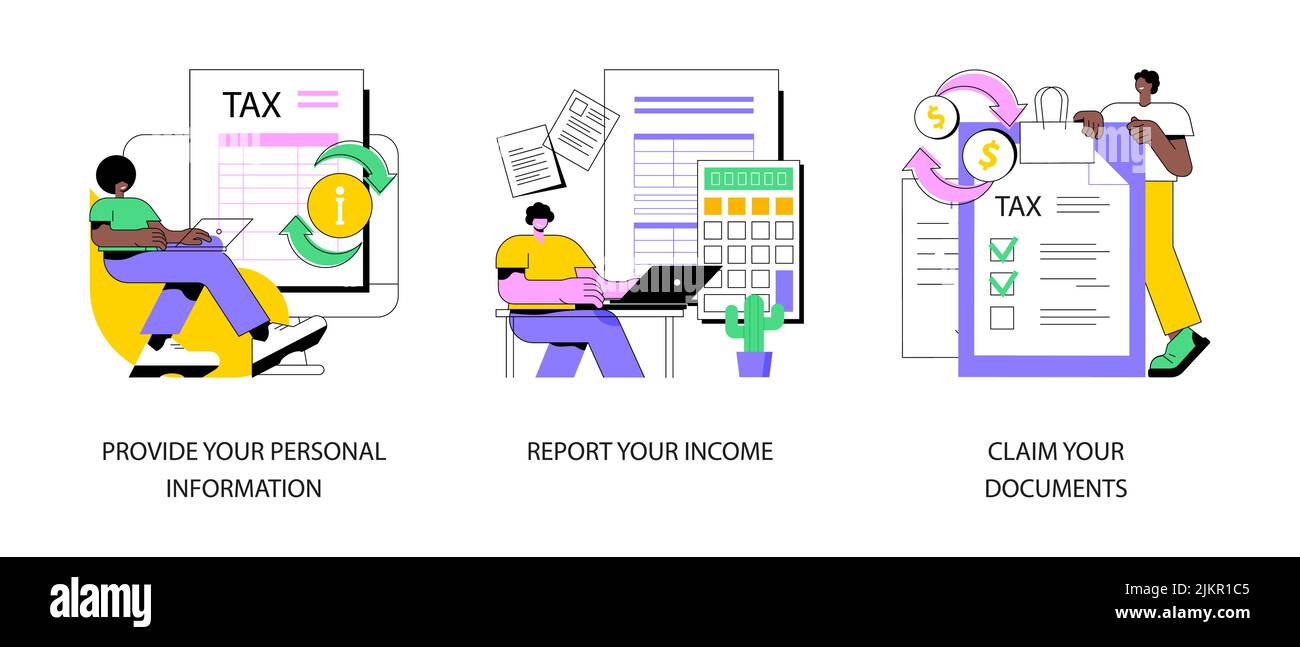 Tax filing abstract concept vector illustration set. Provide and update ...