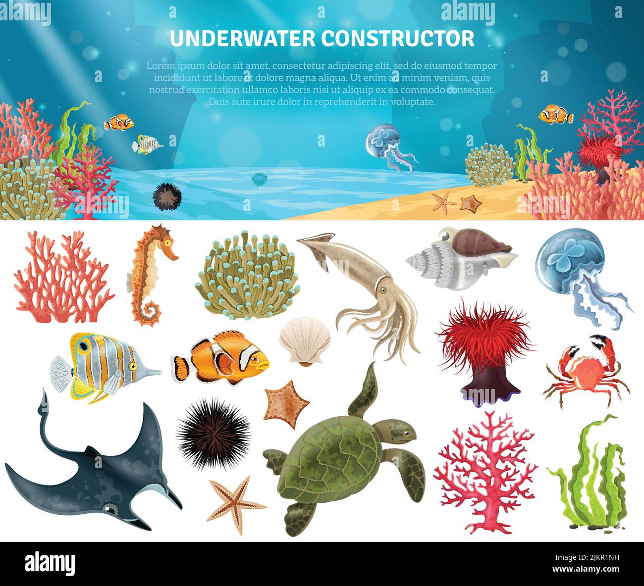 Sea life animals plants and landscape cartoon icons constructor set ...