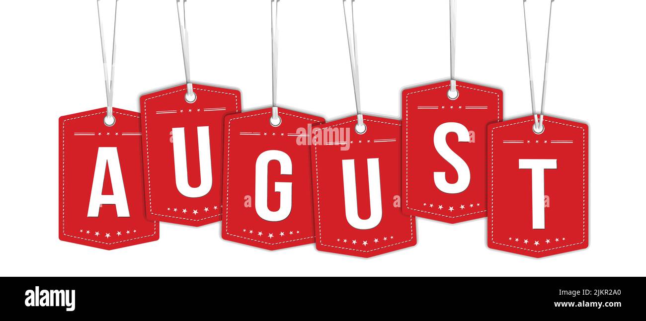 August tag on red hanging labels on white background, vector ...