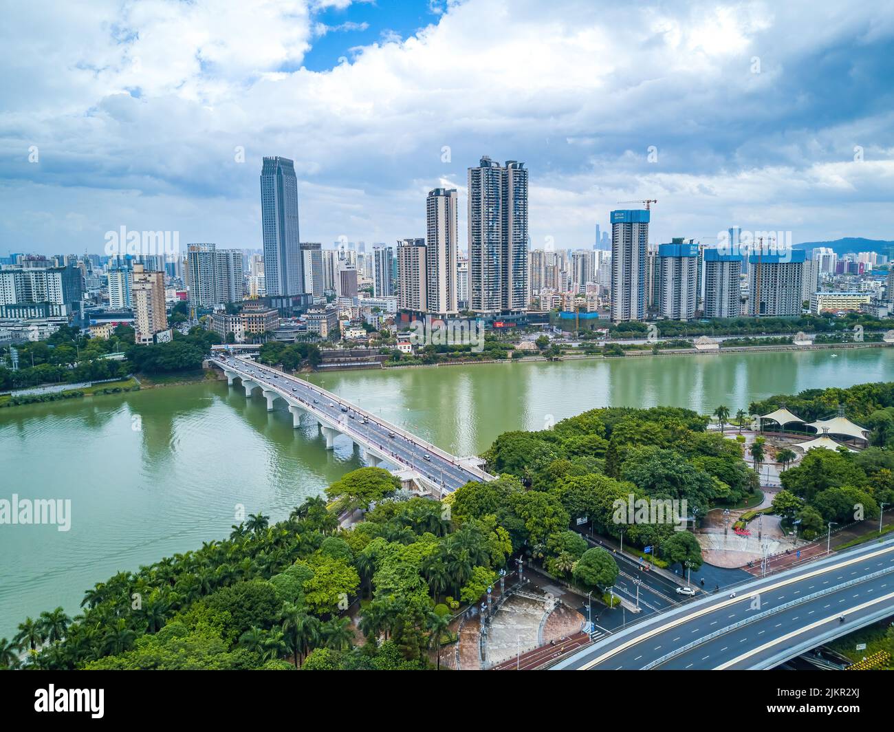City buildings and river bank landscape in Nanning, Guangxi, China ...