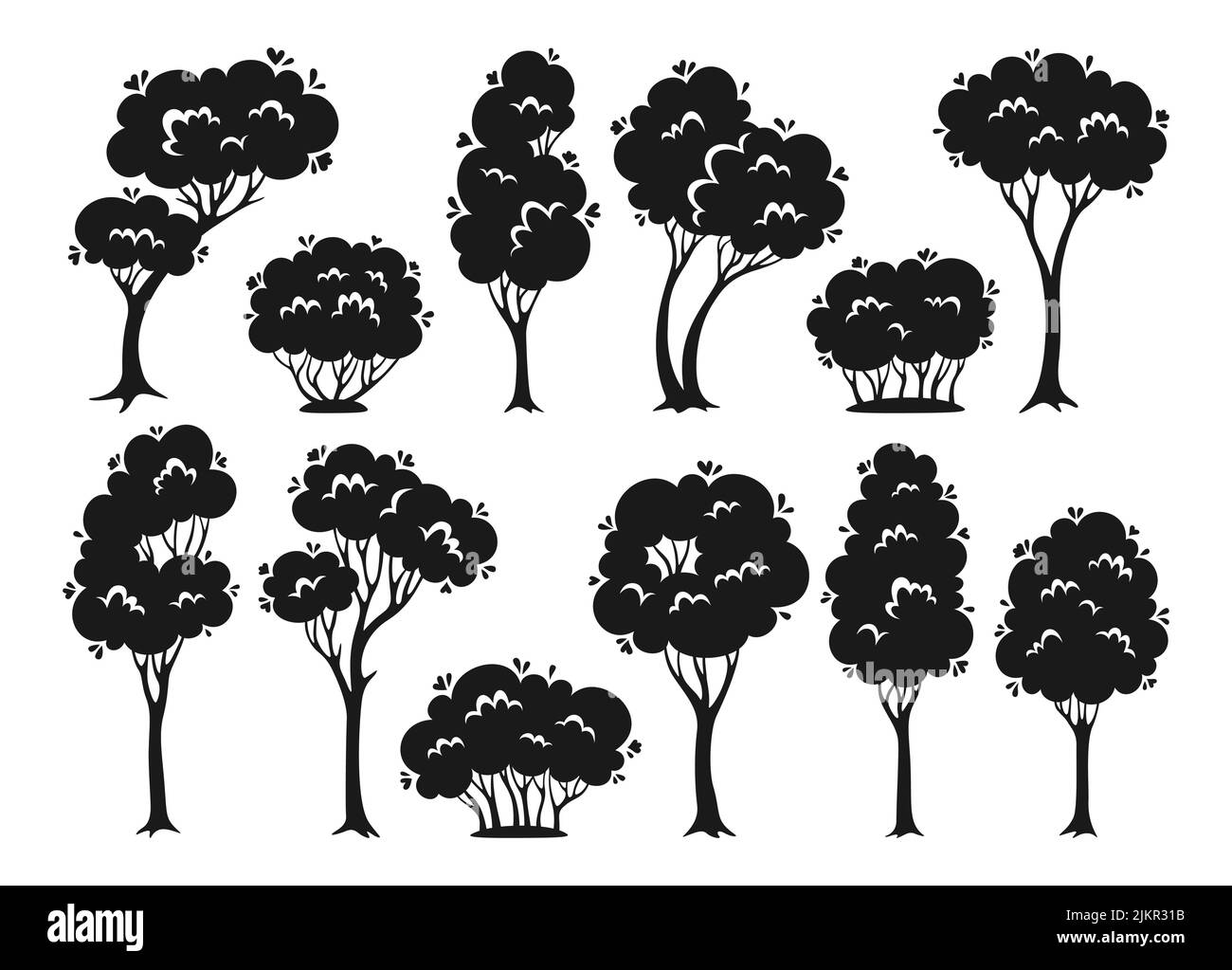 Trees and shrub cartoon silhouette set. Abstract engraved evergreen ...