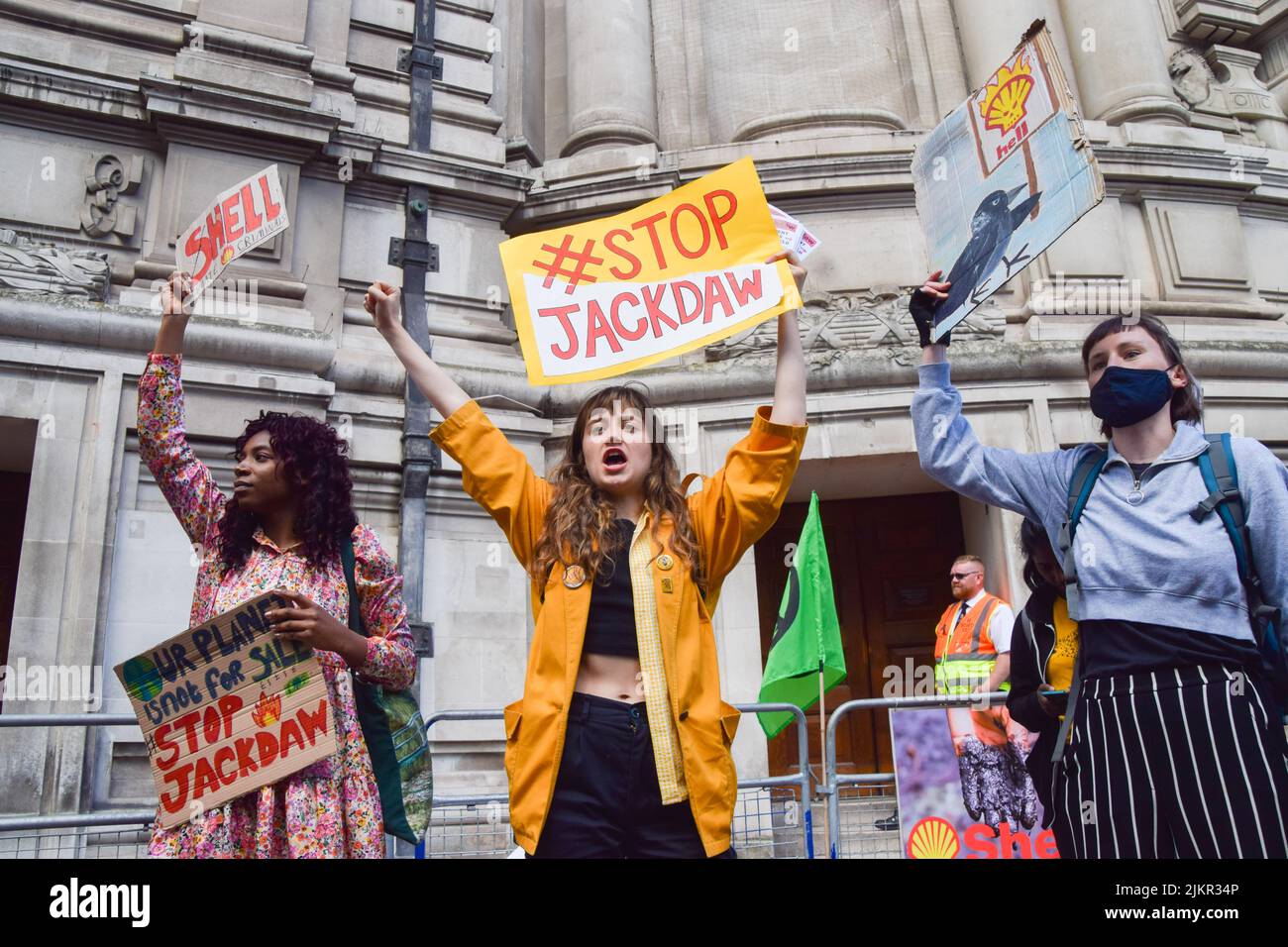 London, UK. 24th May 2022. Protesters hold anti- Jackdaw gas field ...