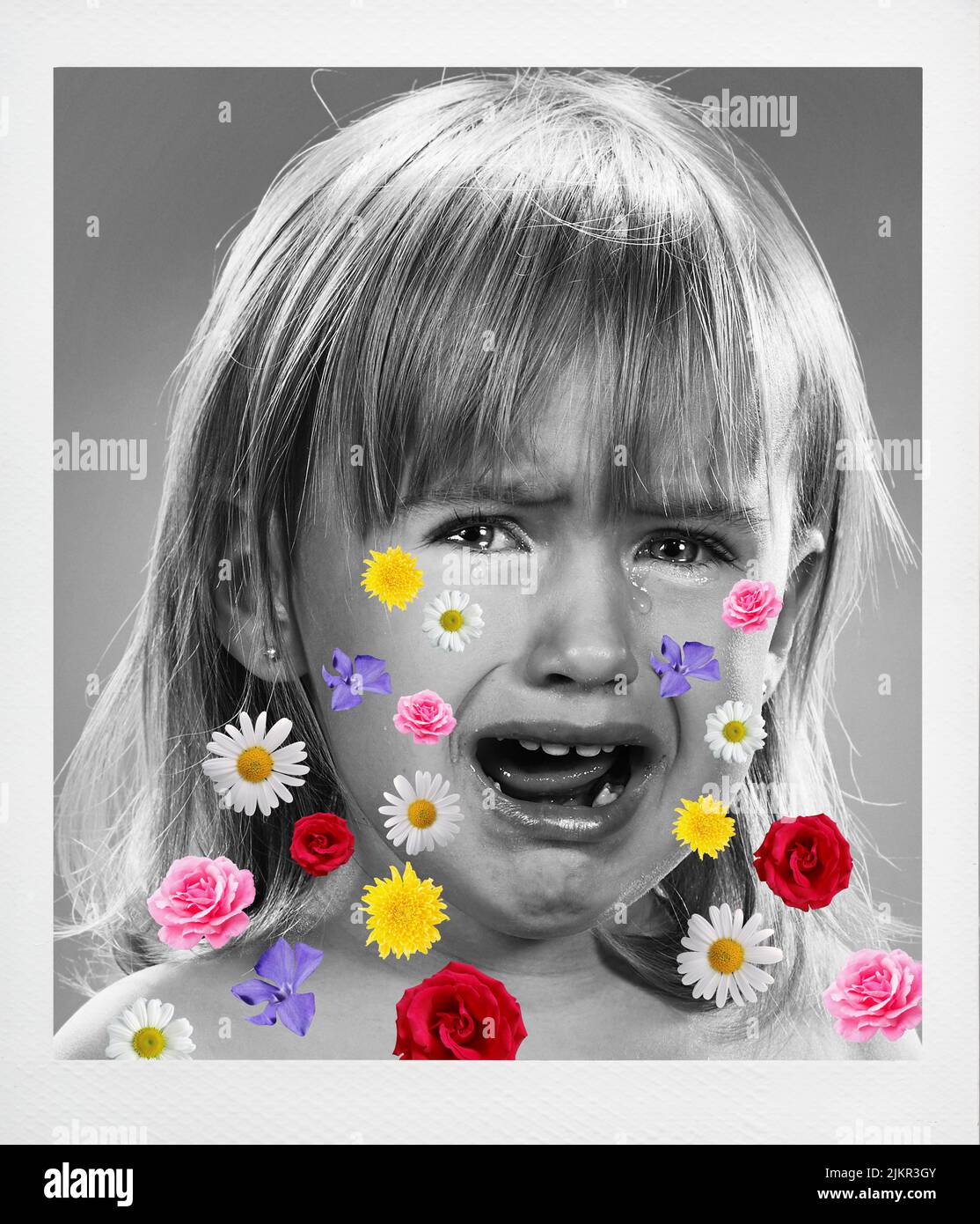 Conceptual collage with crying little kid crying isolated on grey ...