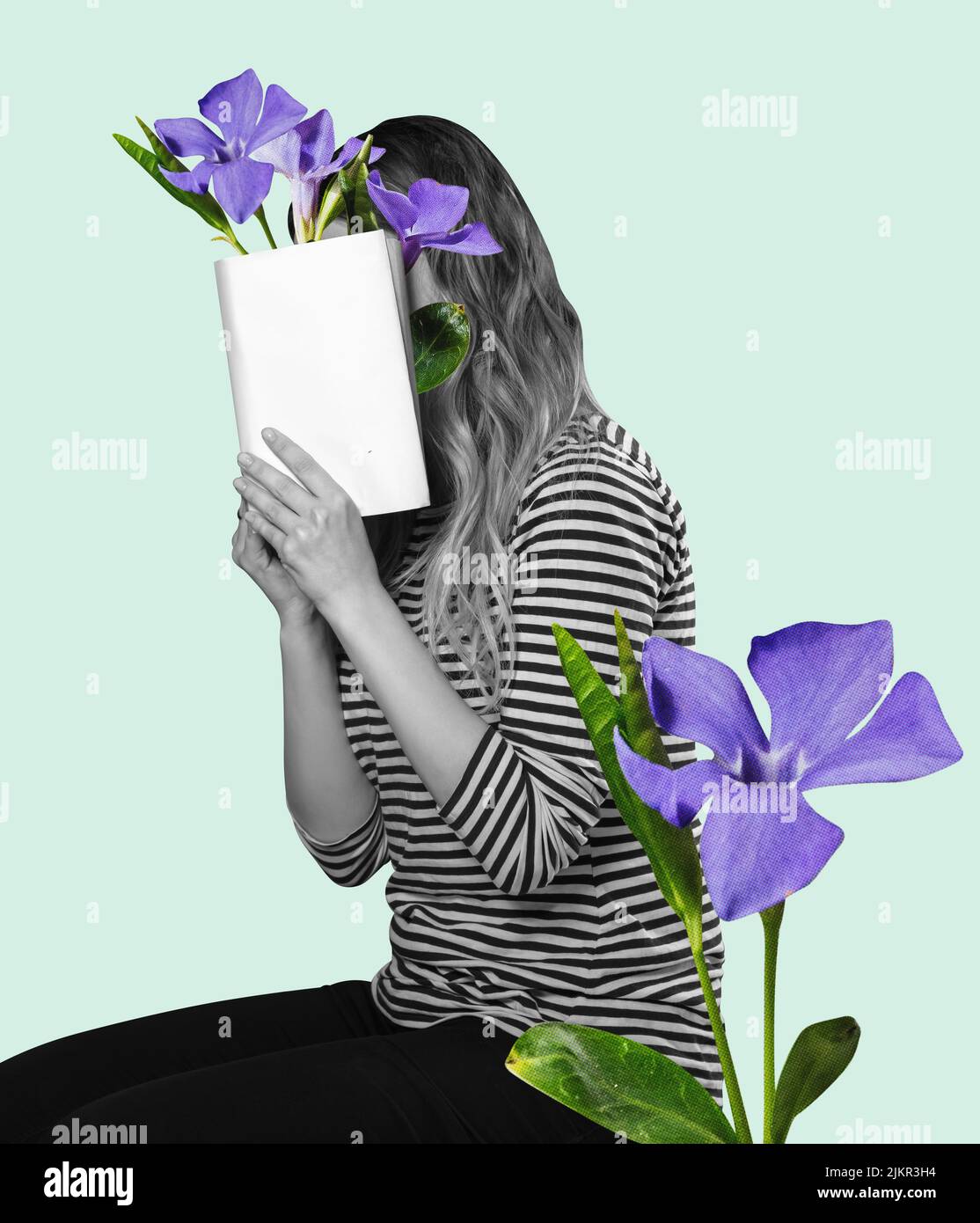 Contemporary art collage. Girl reading books with flowers. Concept of ...