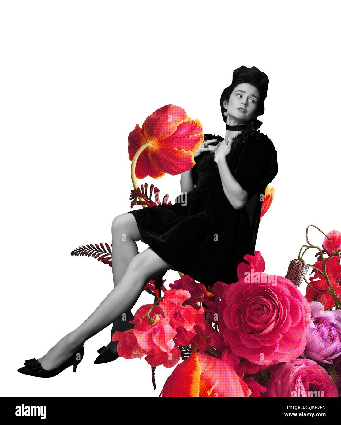 Contemporary art collage. Romantic woman and red flowers. Concept of ...