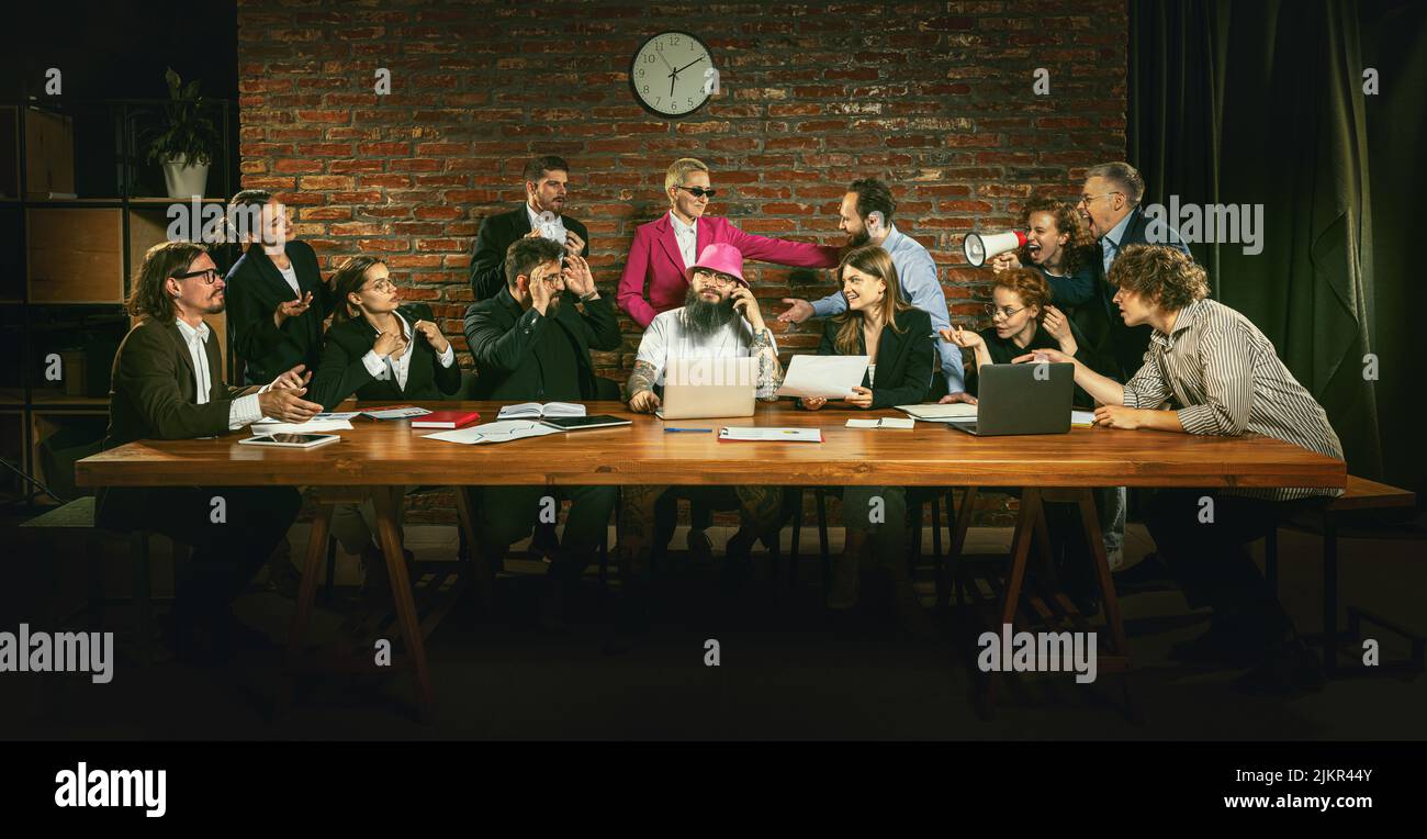 Group of people, employees discussing successful project ...