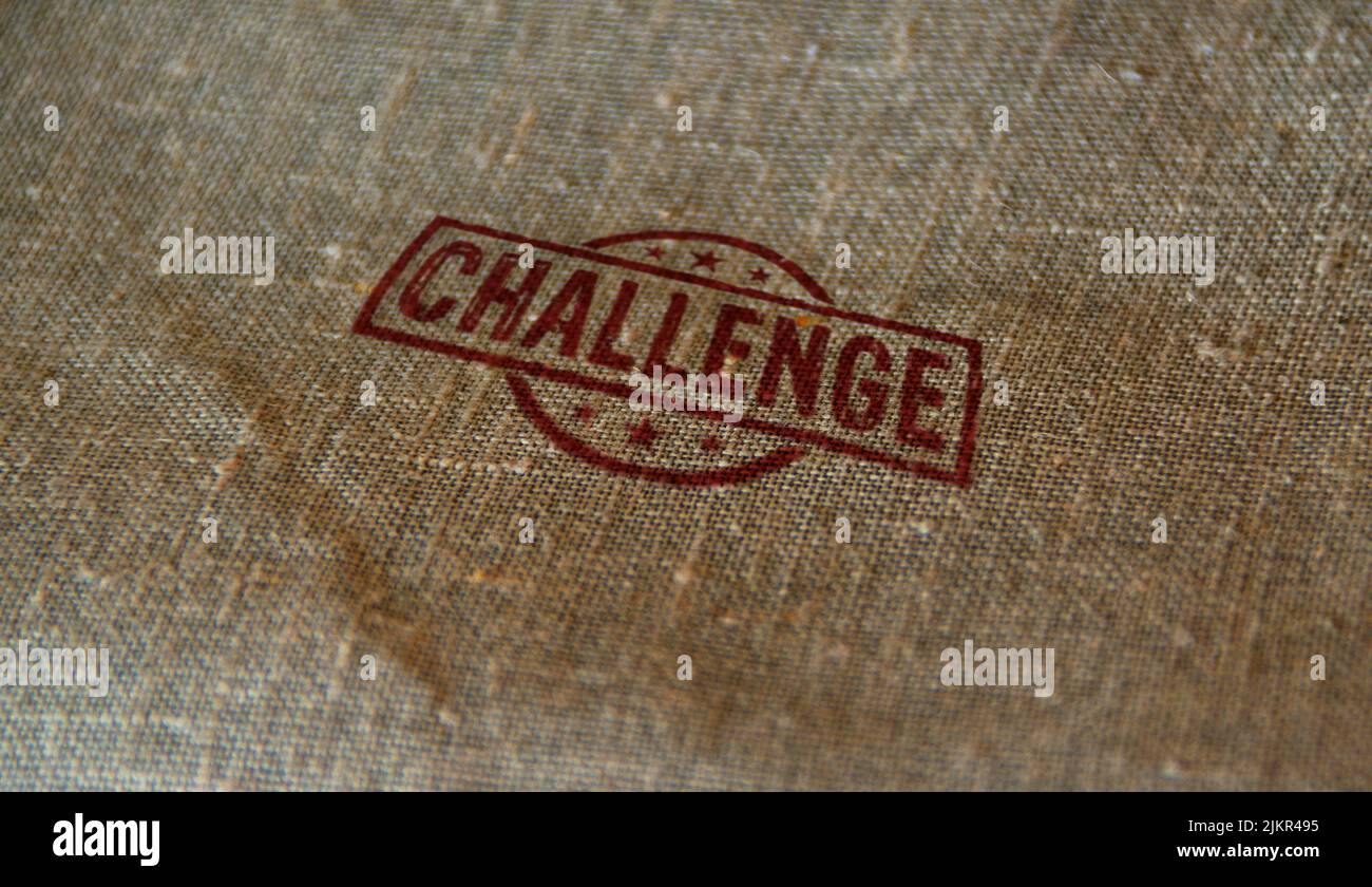 Challenge stamp printed on linen sack. Goal achieving, competition and ...