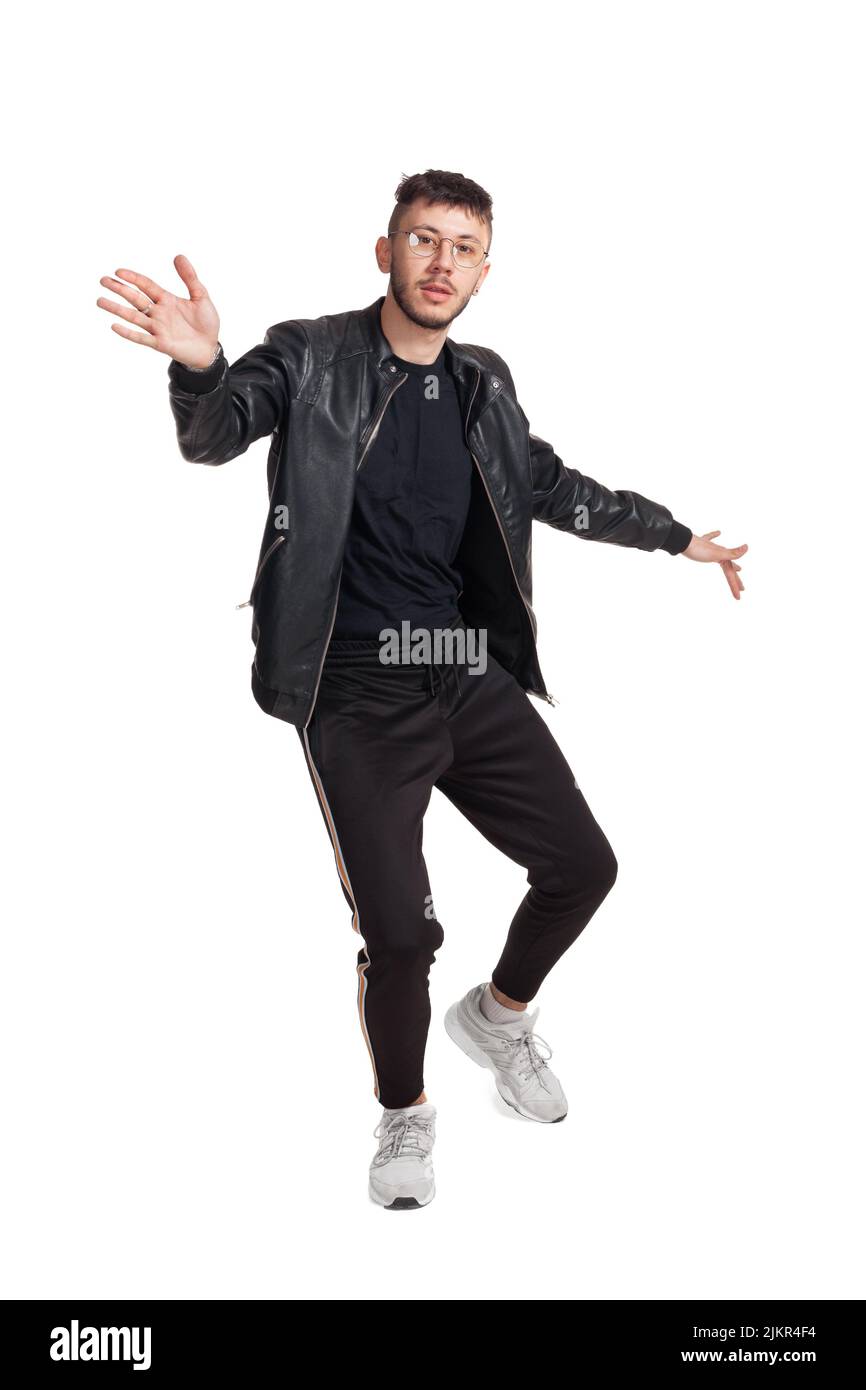 Full-length photo of a funny guy dancing in studio isolated on white ...