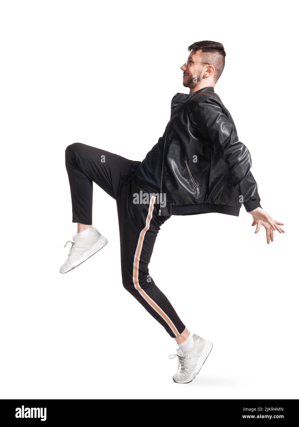 Full-length photo of a funny guy dancing in studio isolated on white ...