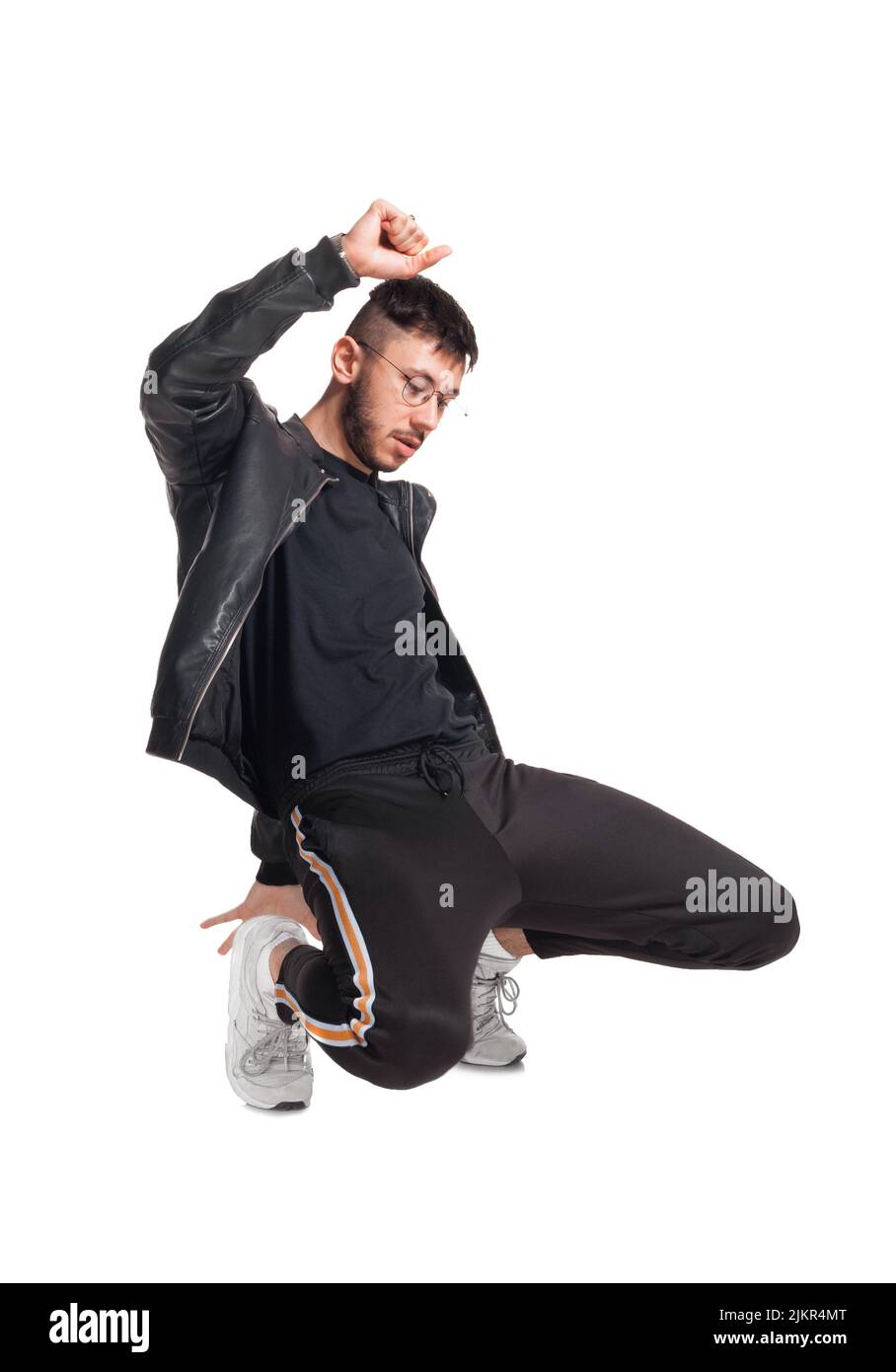Full-length photo of a funny guy dancing in studio isolated on white ...