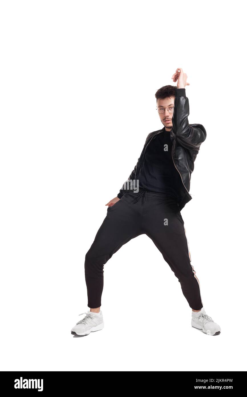 Full-length photo of a funny guy dancing in studio isolated on white ...