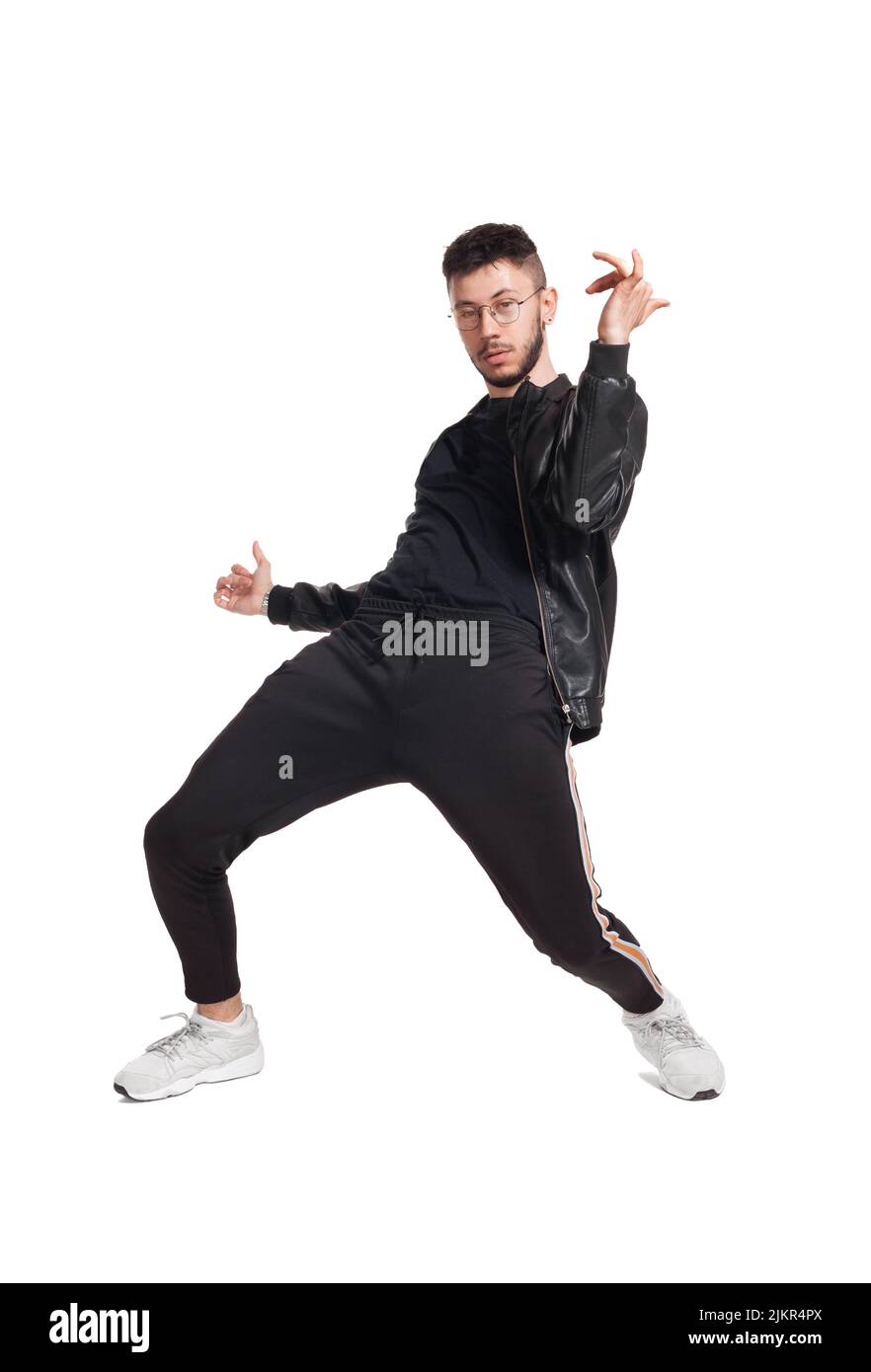 Full-length photo of a funny guy dancing in studio isolated on white ...