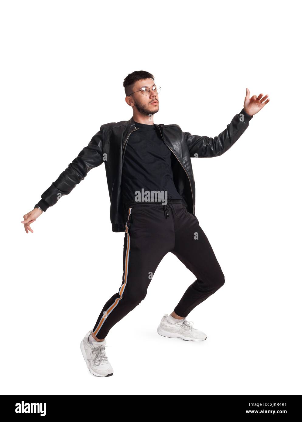 Full-length photo of a funny guy dancing in studio isolated on white ...