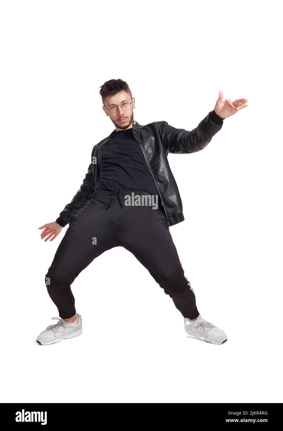 Full-length photo of a funny guy dancing in studio isolated on white ...