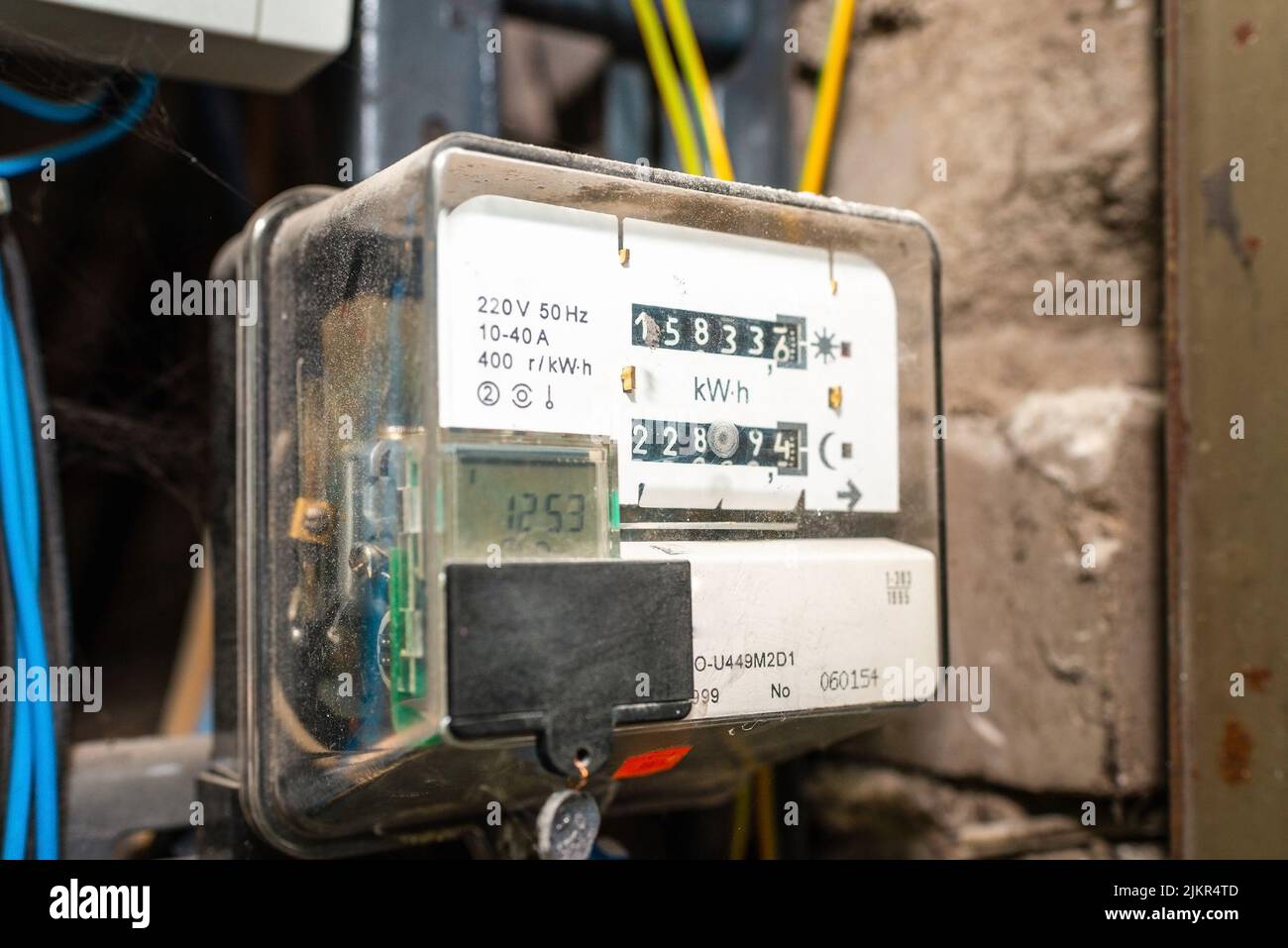 old electric power meter counter measuring power usage.indoors shot ...
