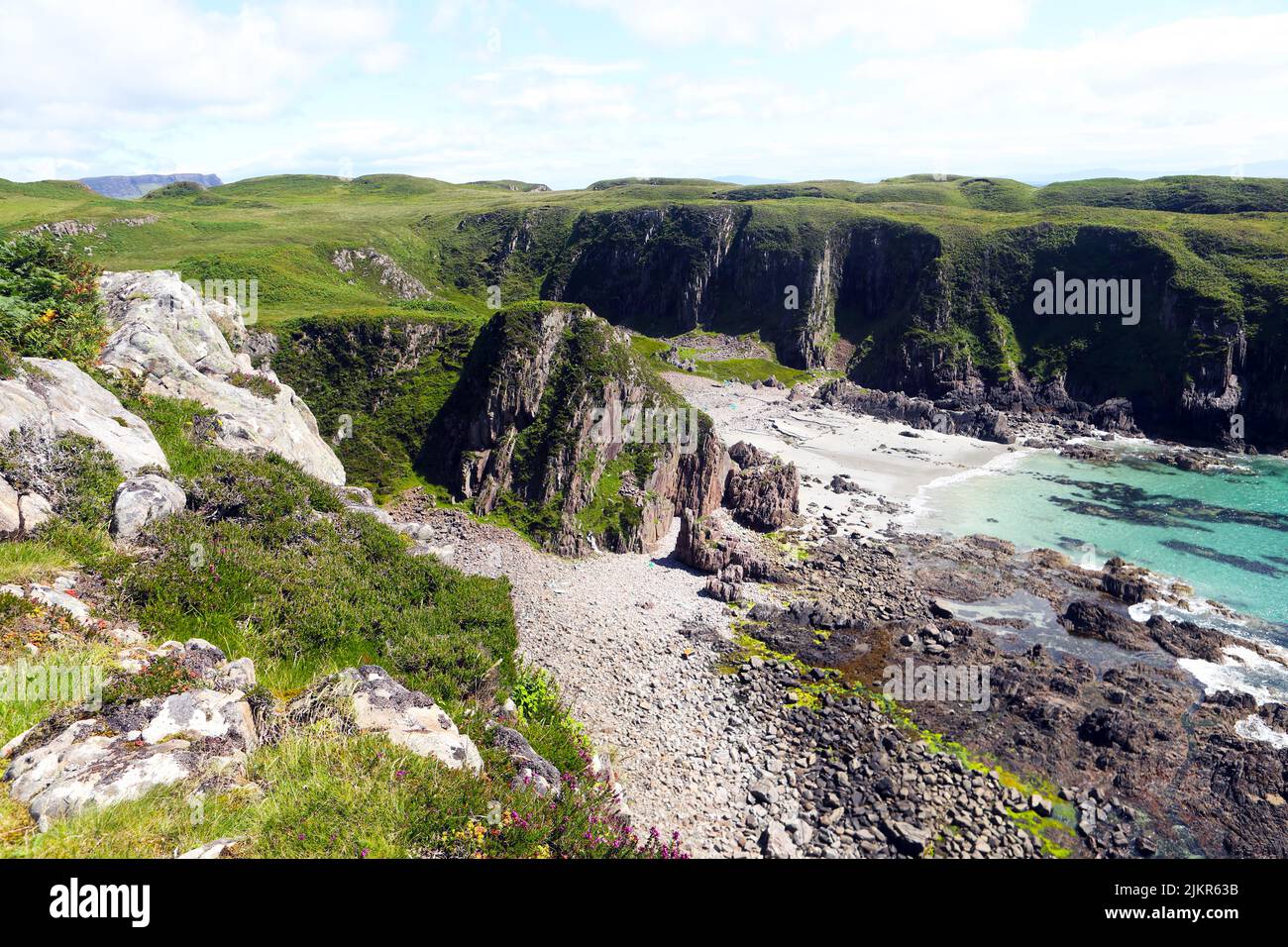 Out of the way sandy coves and rugged coastline of the Isle of Mull in ...
