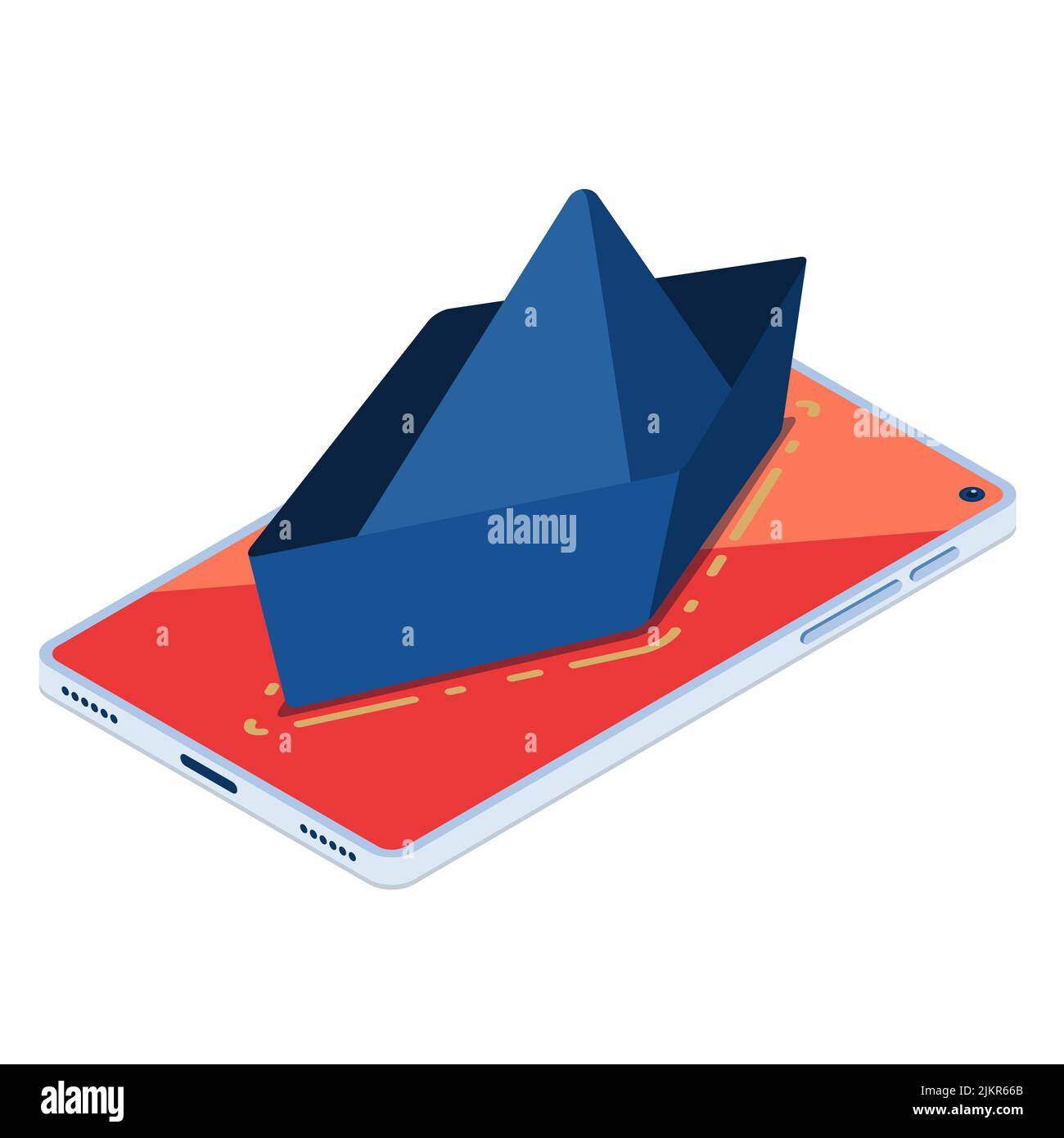 Flat 3d Isometric Paper Boat in Red Smartphone Screen. Red Ocean ...