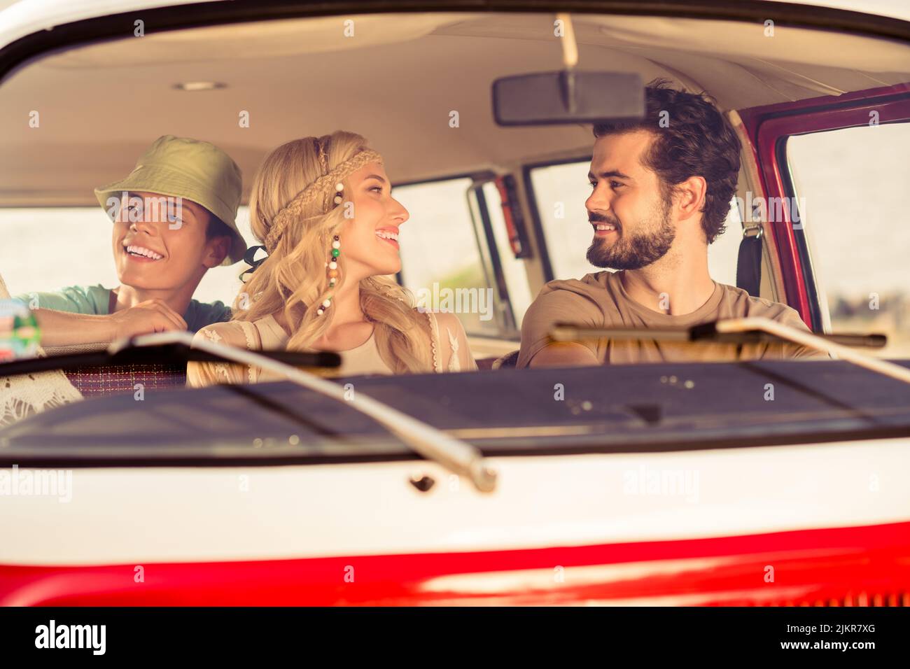 Photo of group cheerful friendly people toothy smile good mood drive ...