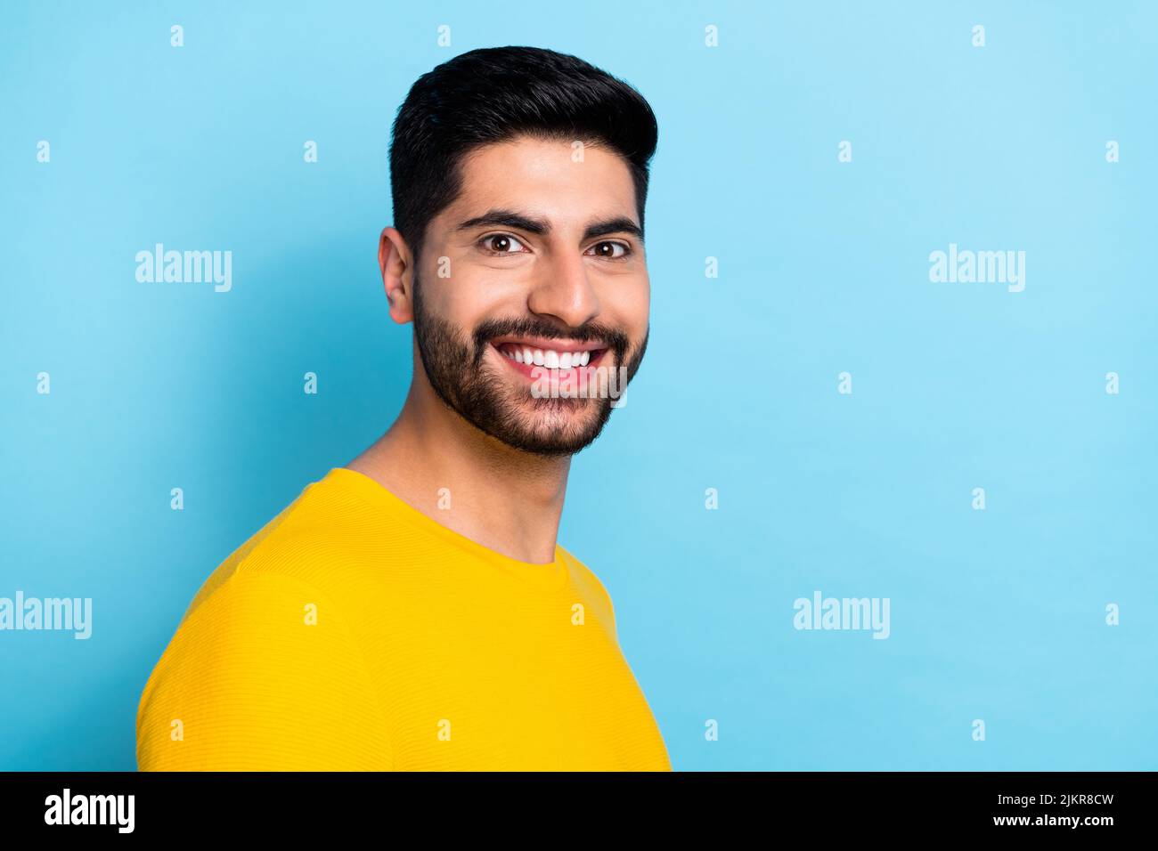 Photo of funky cool man wear yellow sweater smiling empty space ...