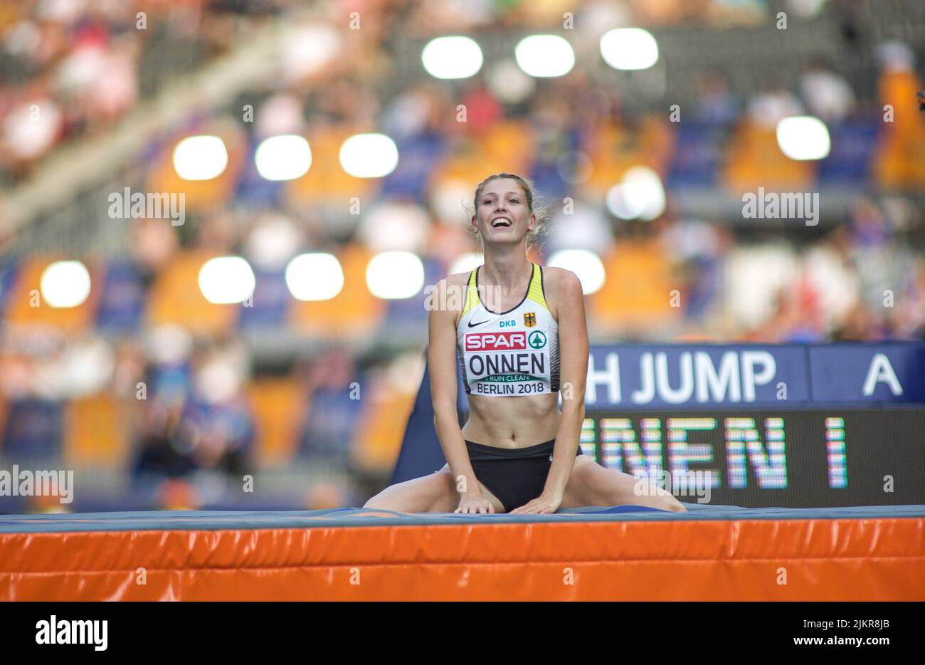 Imke Onnen celebrating a jump at the European Athletics Championships ...