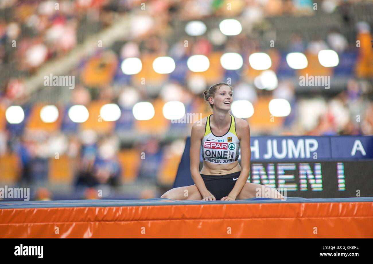 Imke Onnen celebrating a jump at the European Athletics Championships ...