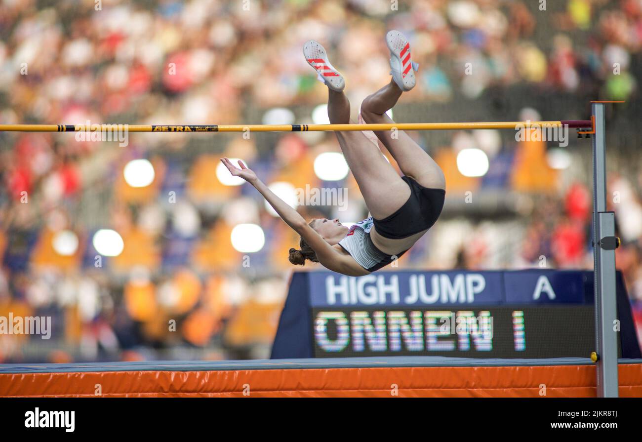 Imke Onnen celebrating a jump at the European Athletics Championships ...