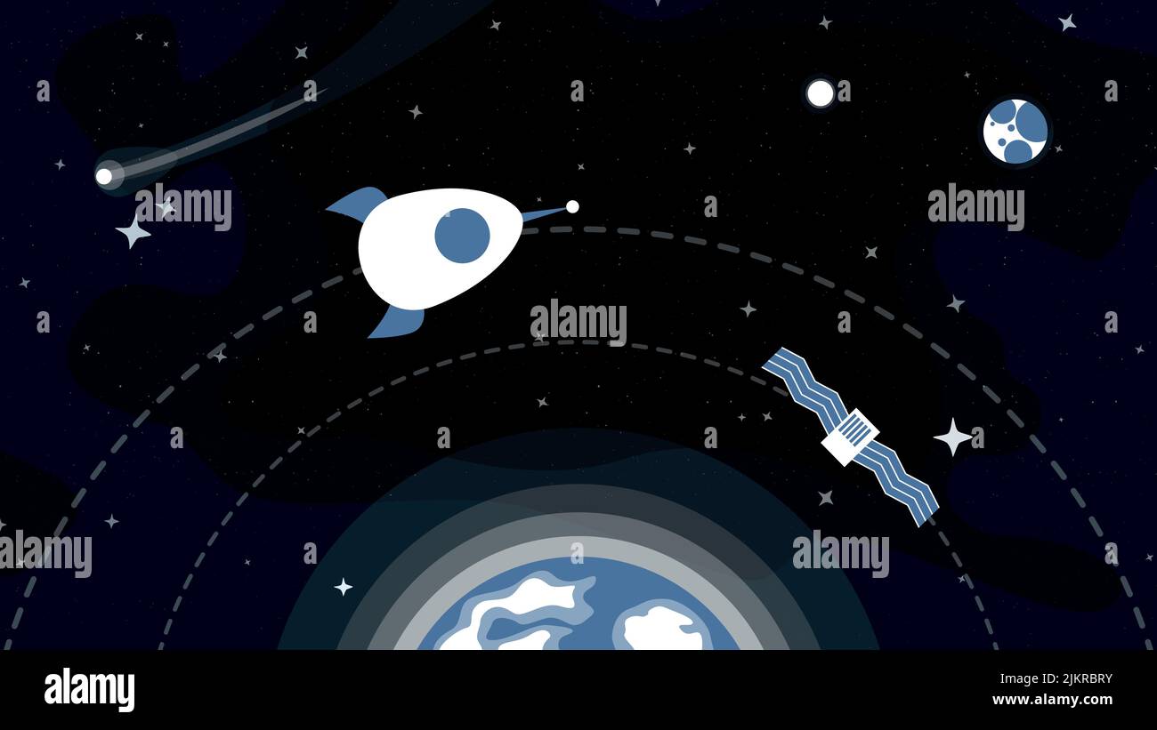 space technology around earth cartoon flat style Stock Vector Image ...