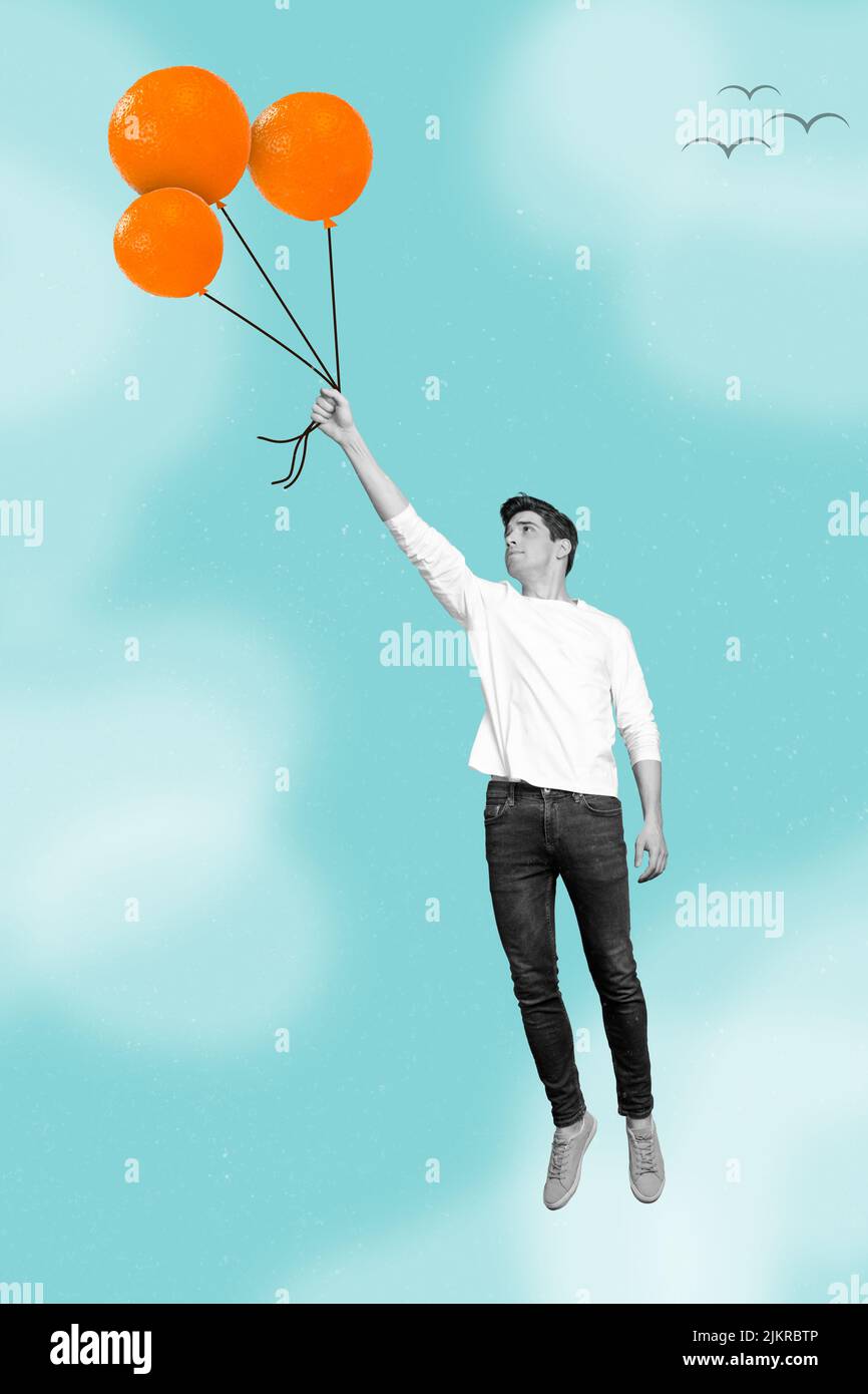 Collage photo of young funny guy fly air hold balloon have genius idea ...