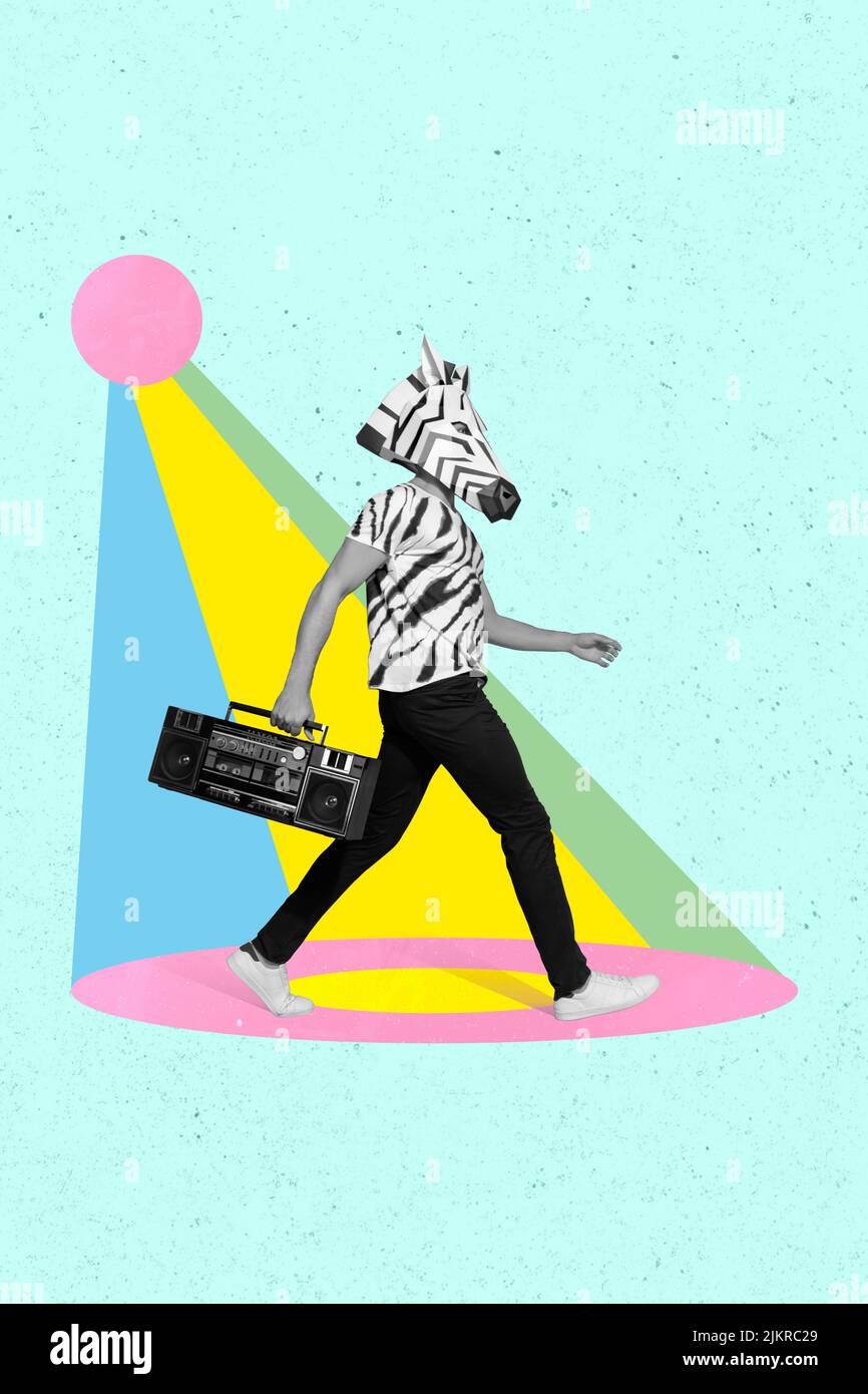 Full length photo collage of crazy freak party man dj zebra mask ...