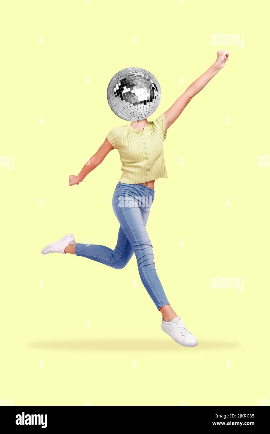 Vertical banner collage of lady disco ball head run wear casual cloth ...