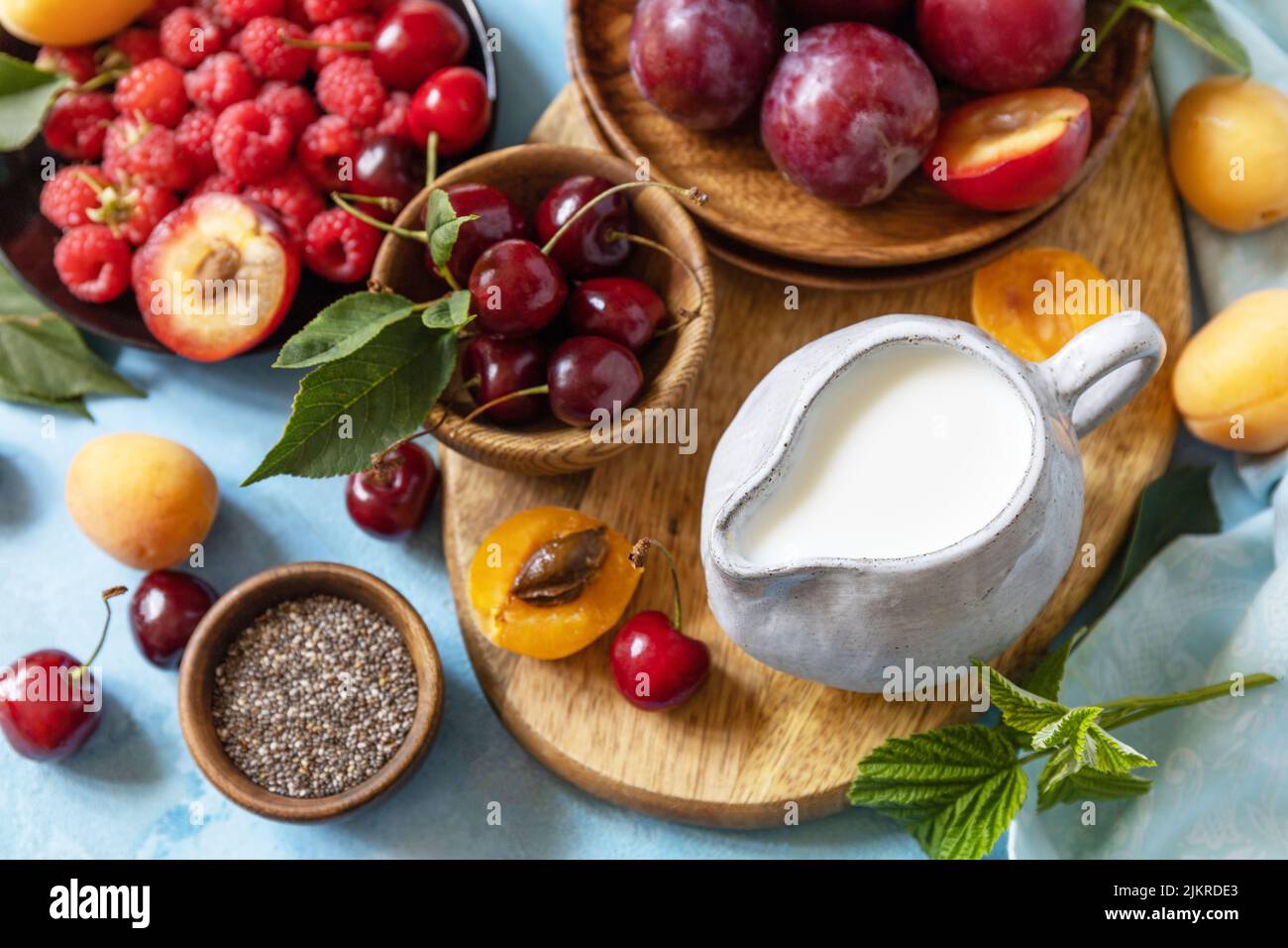 Ingredients for a healthy smoothie. Milk and berries (raspberry, cherry ...