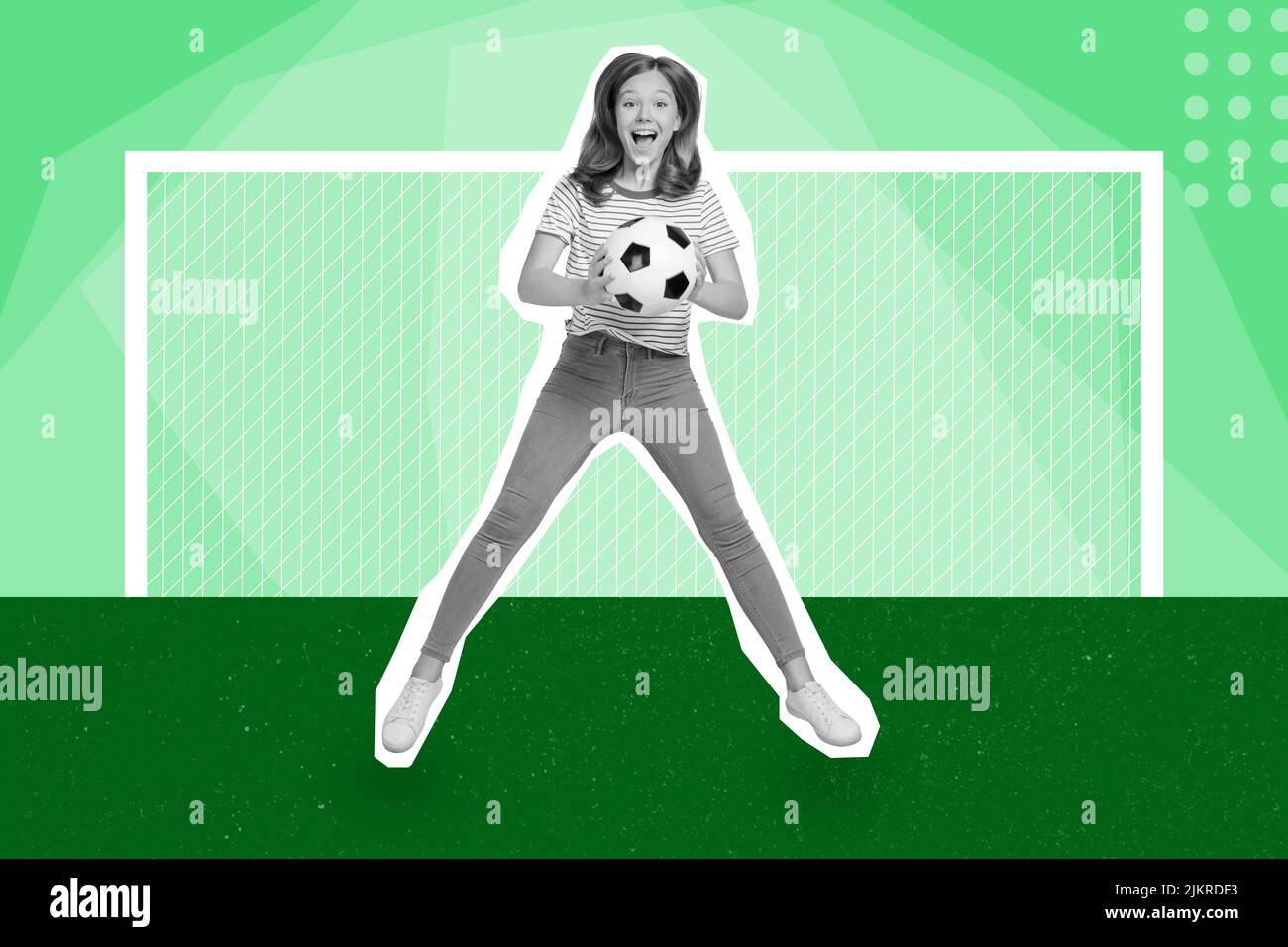 Banner collage of school girl catch ball wear casual cloth isolated on ...