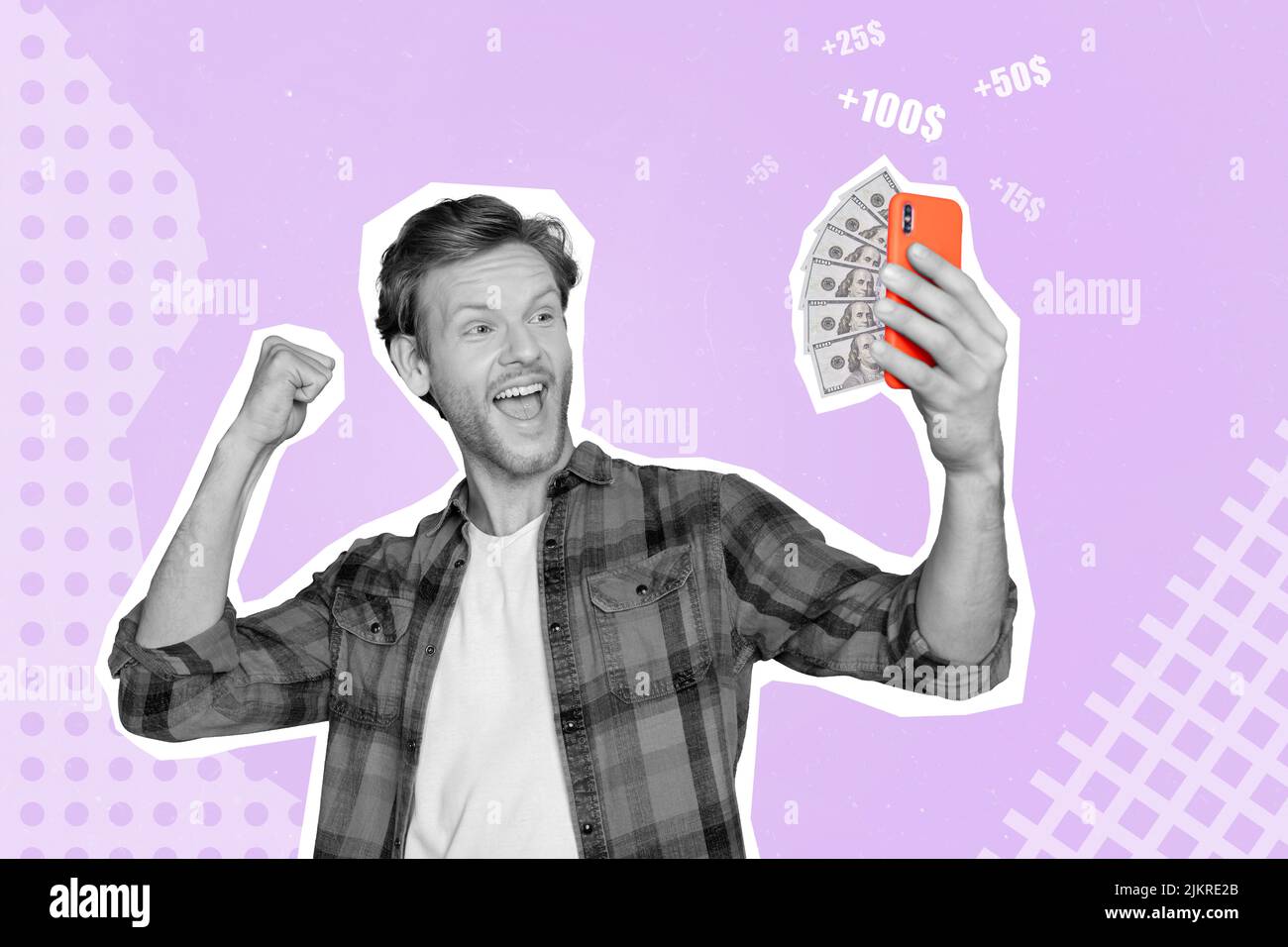 Collage photo of young happy guy celebrating win bet online profit ...