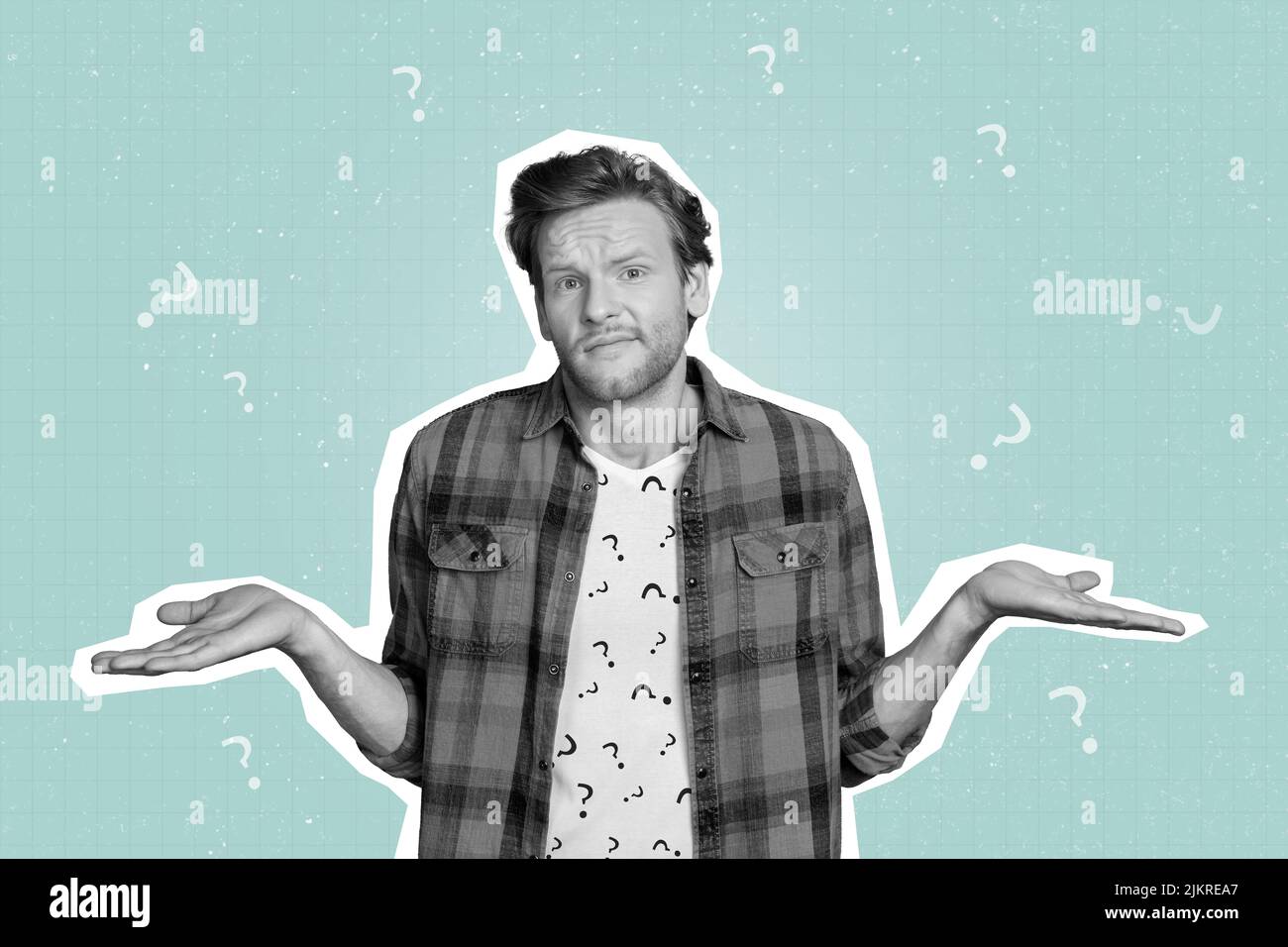 Collage photo of young funny guy wear shirt questioned dillema how get ...