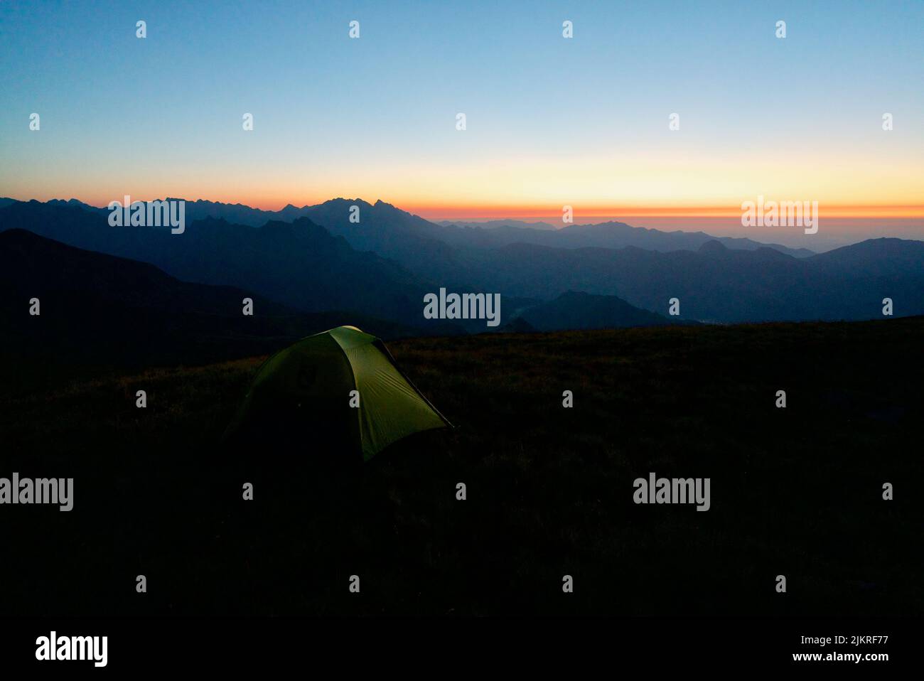 Tent on top of a mountain (Pic du Cabaliros) in the Pyrenees National ...