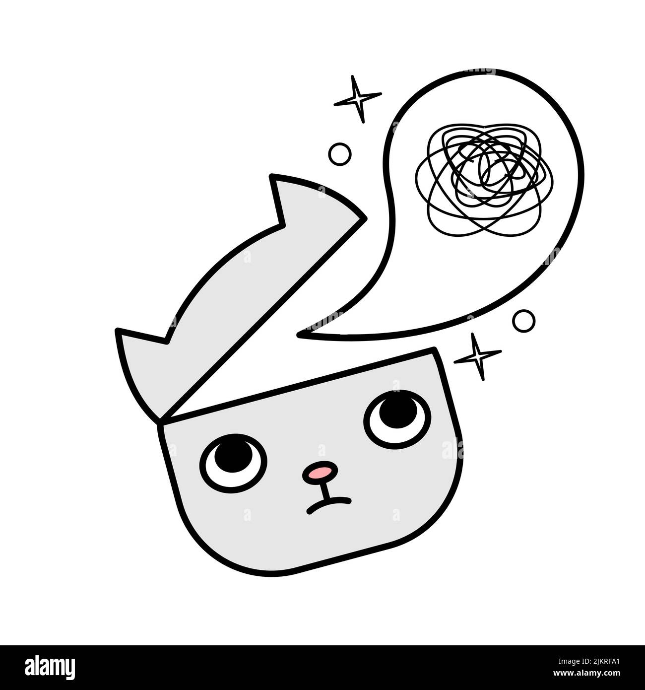 Cute cat with tangled thoughts. Worried nervous little kitten. Kawaii ...