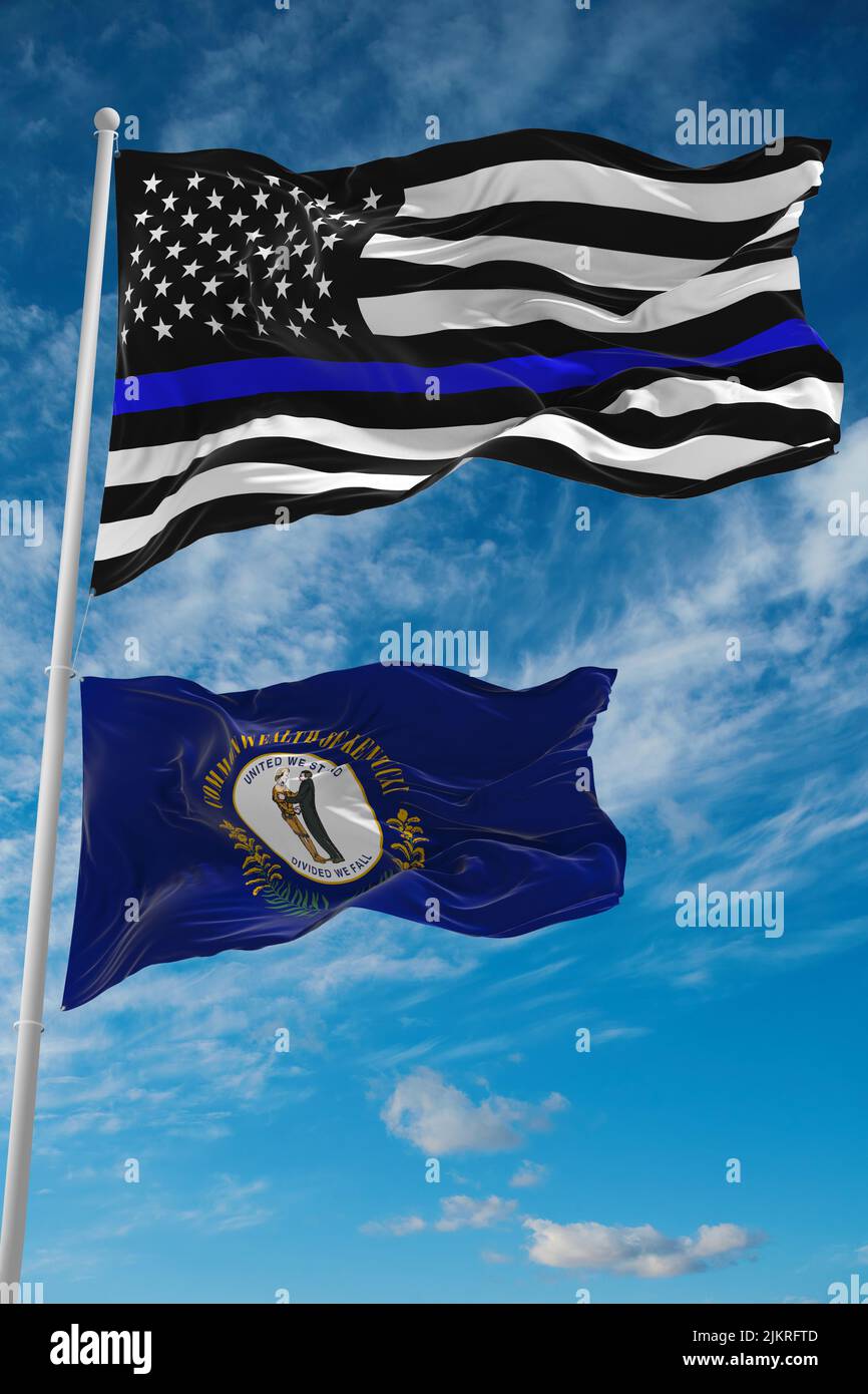 thin blue line flag of US with smaller flag of Kentucky state, Usa at ...