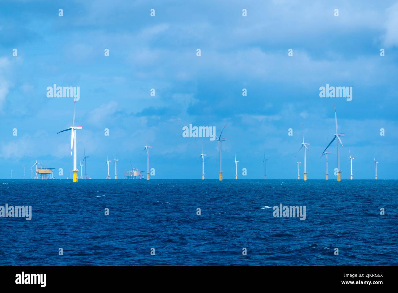 Offshore wind power plants near the high seas island Heligoland, North ...