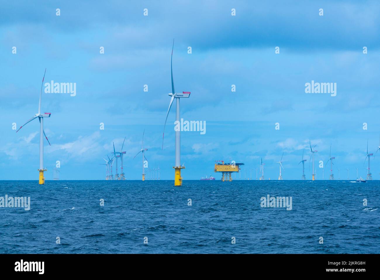 Offshore wind power plants near the high seas island Heligoland, North ...