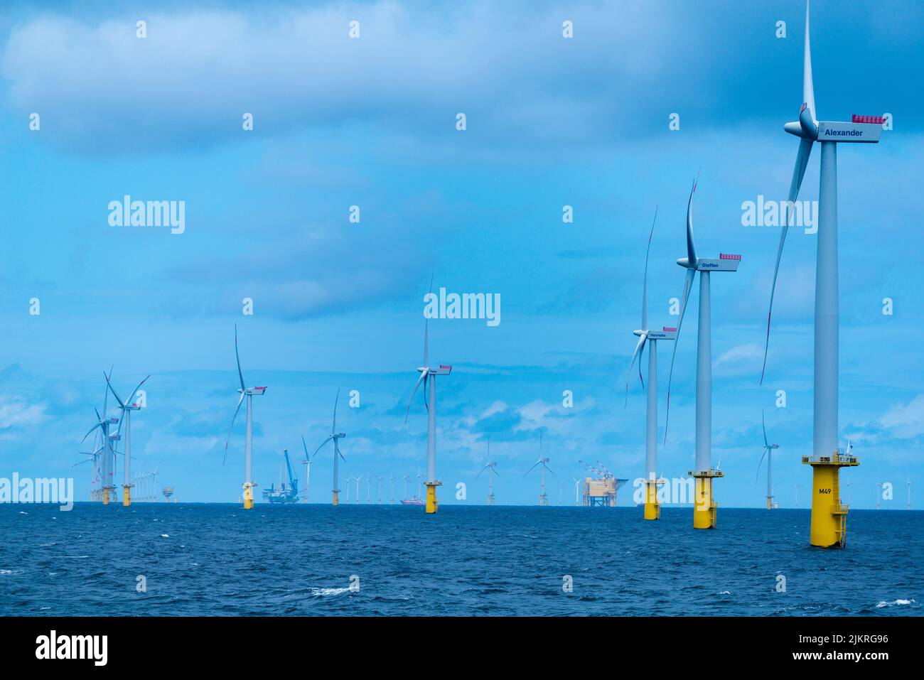 Offshore wind power plants near the high seas island Heligoland, North ...