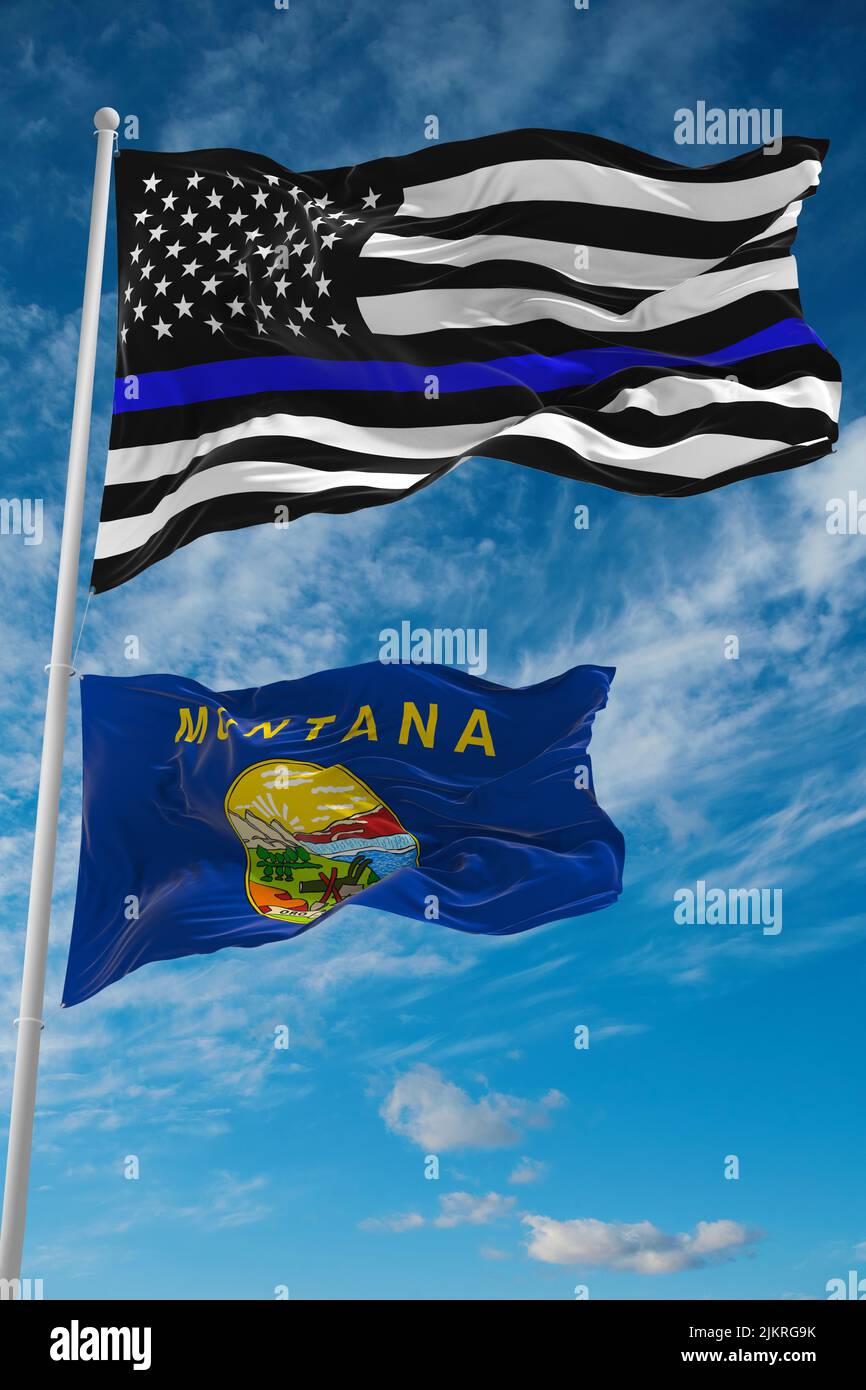 thin blue line flag of US with smaller flag of Montana state, Usa at ...