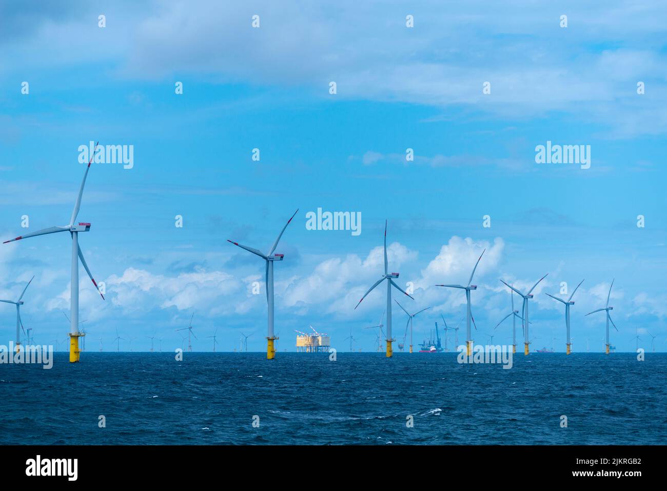 Offshore wind power plants near the high seas island Heligoland, North ...