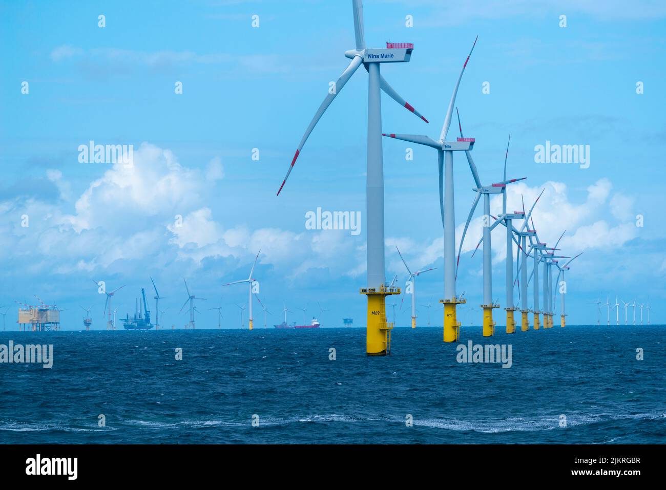 Offshore wind power plants near the high seas island Heligoland, North ...