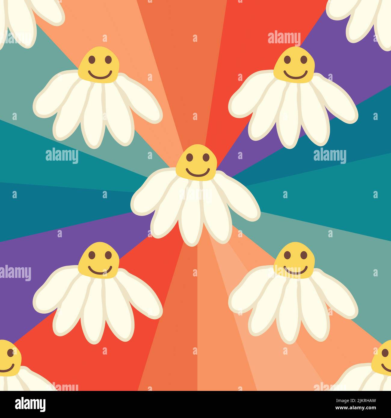 Retro Smile Chamomile Seamless Pattern on 1970 Wavy Swirl Seamless ...