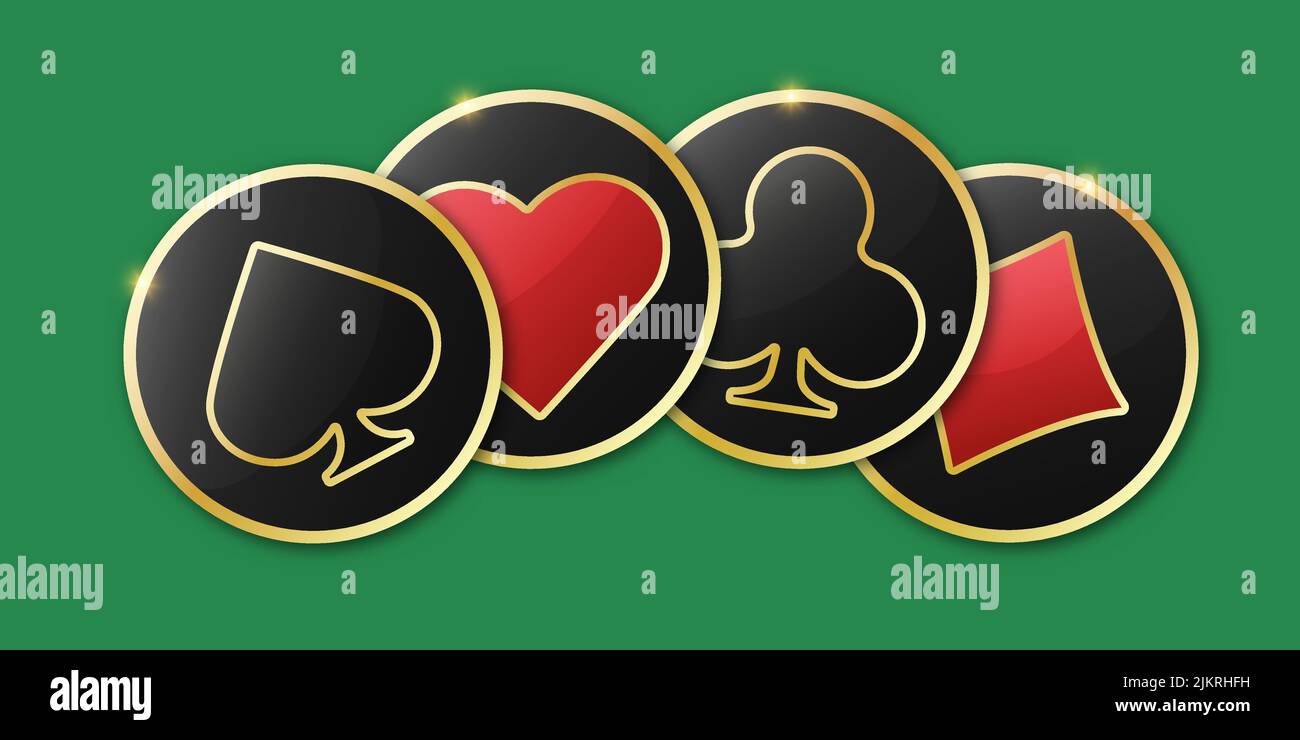 Hearts diamonds clubs spades sign realistic chips. Glossy playing card ...