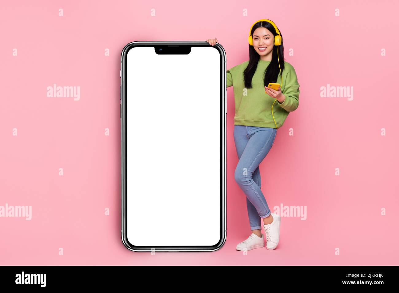 Full length photo of nice millennial lady listen music near promo wear ...