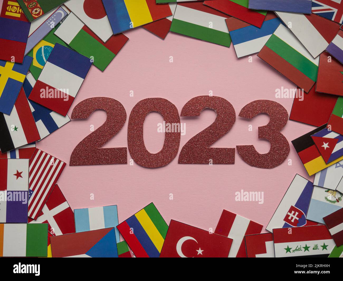 2023 on the background of many flags Stock Photo - Alamy