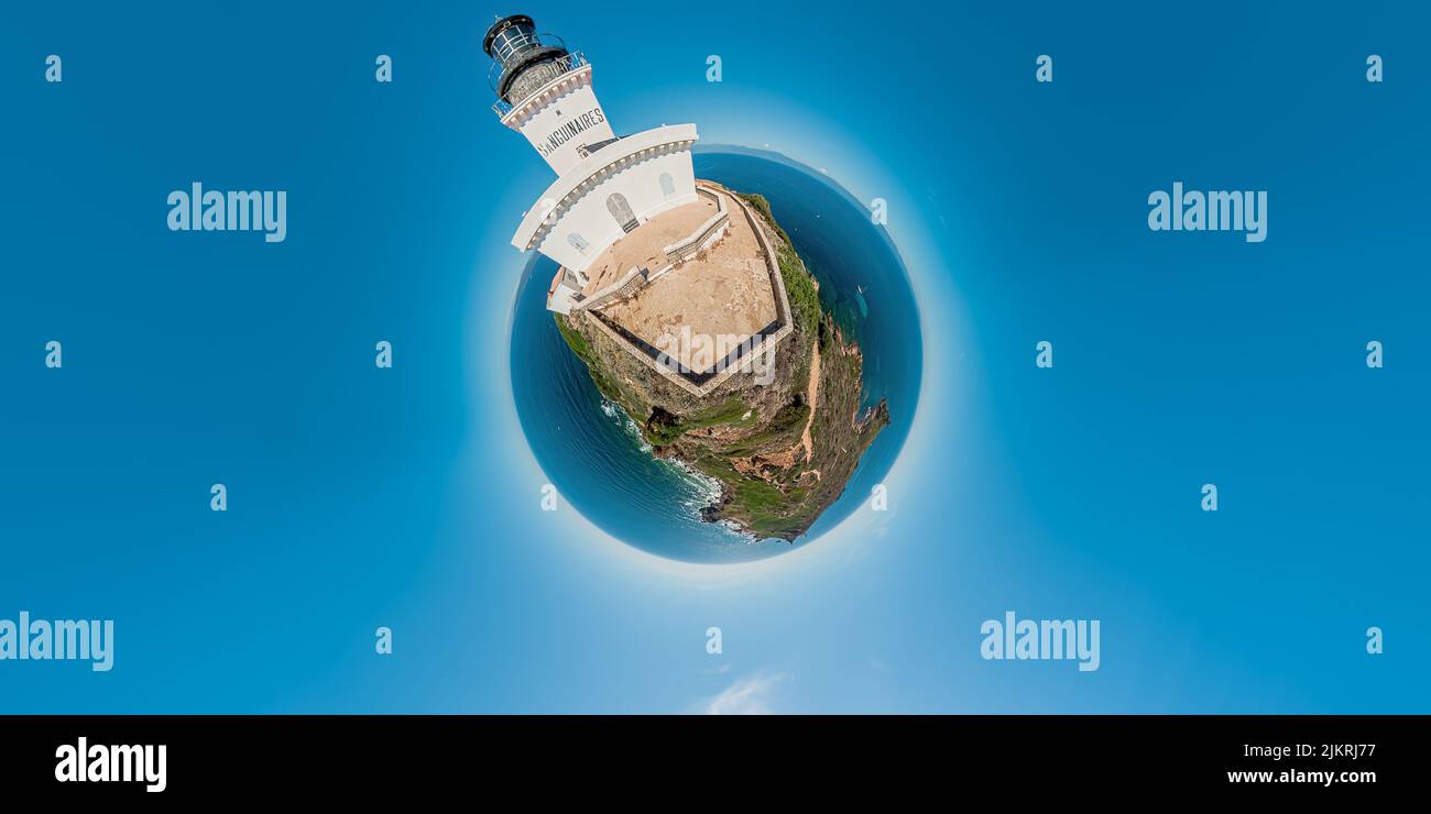 tiny planet view of seascape and the lighthouse with the Genoese tower ...
